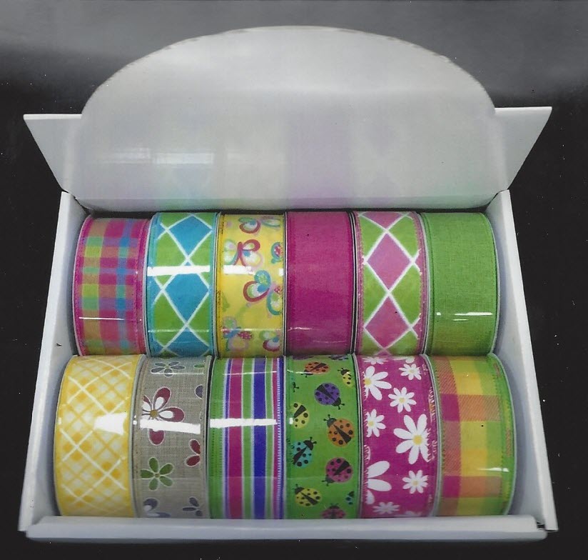 1.5" Box of 12 Assorted Spring Ribbon on 10 Yard Rolls - Kelea's Florals