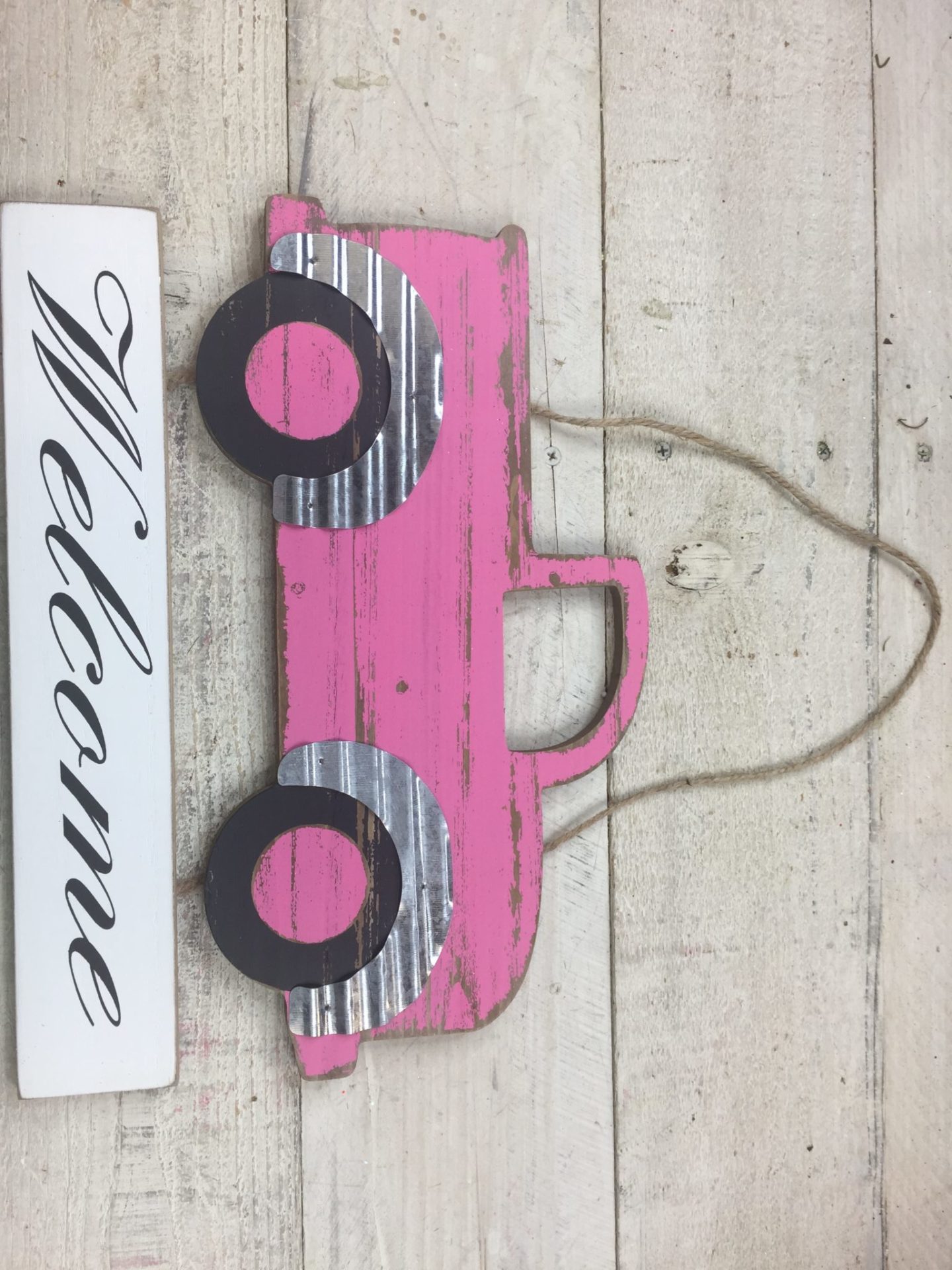 Pink Wooden Pickup Truck with Welcome Sign - Kelea's Florals