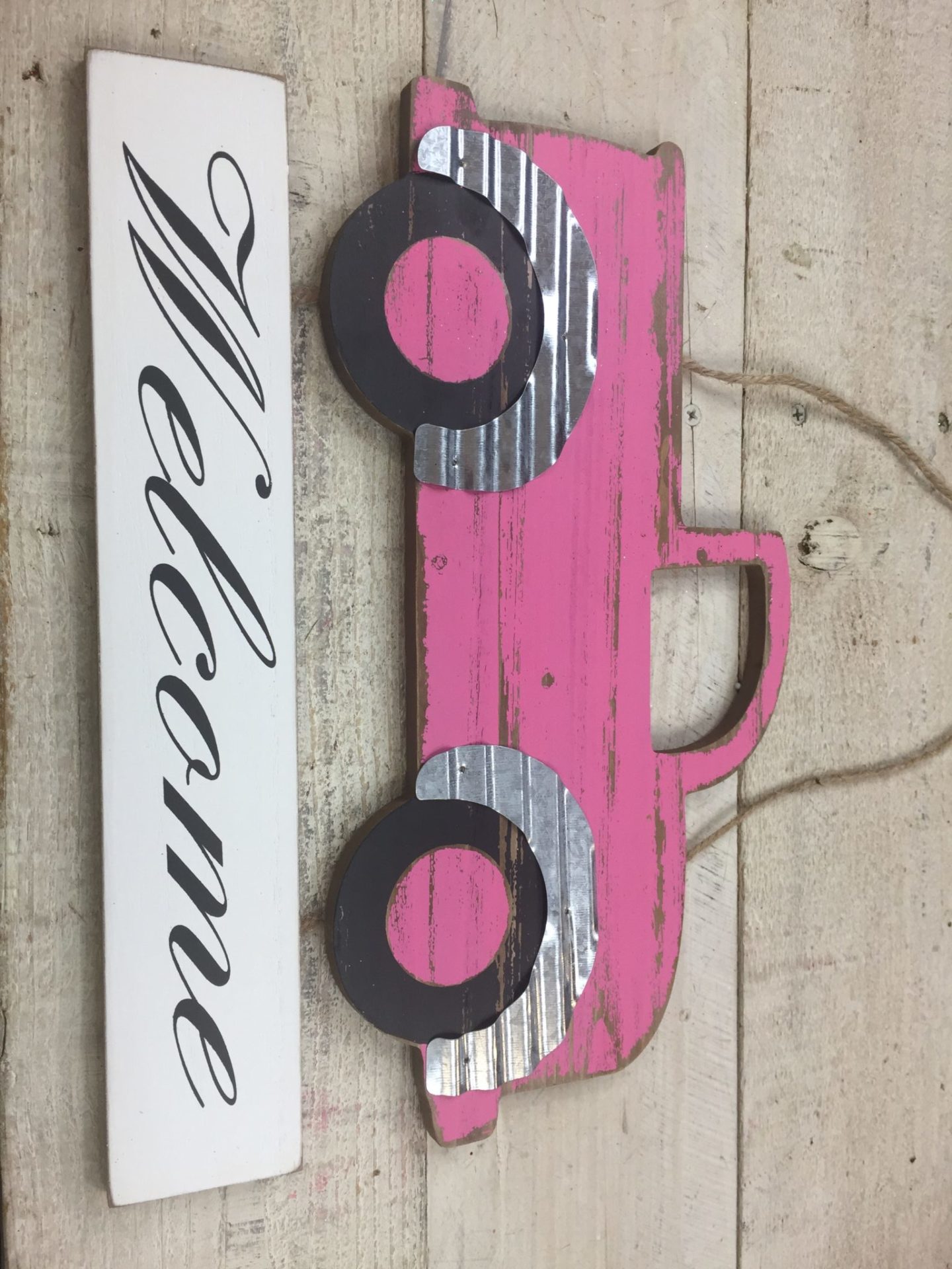 Pink Wooden Pickup Truck with Welcome Sign - Kelea's Florals