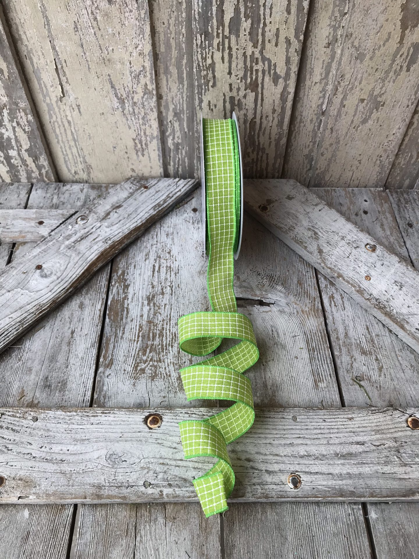 1.5" X 50 Yards Lime - White Dashed Chex Plaid - Kelea's Florals