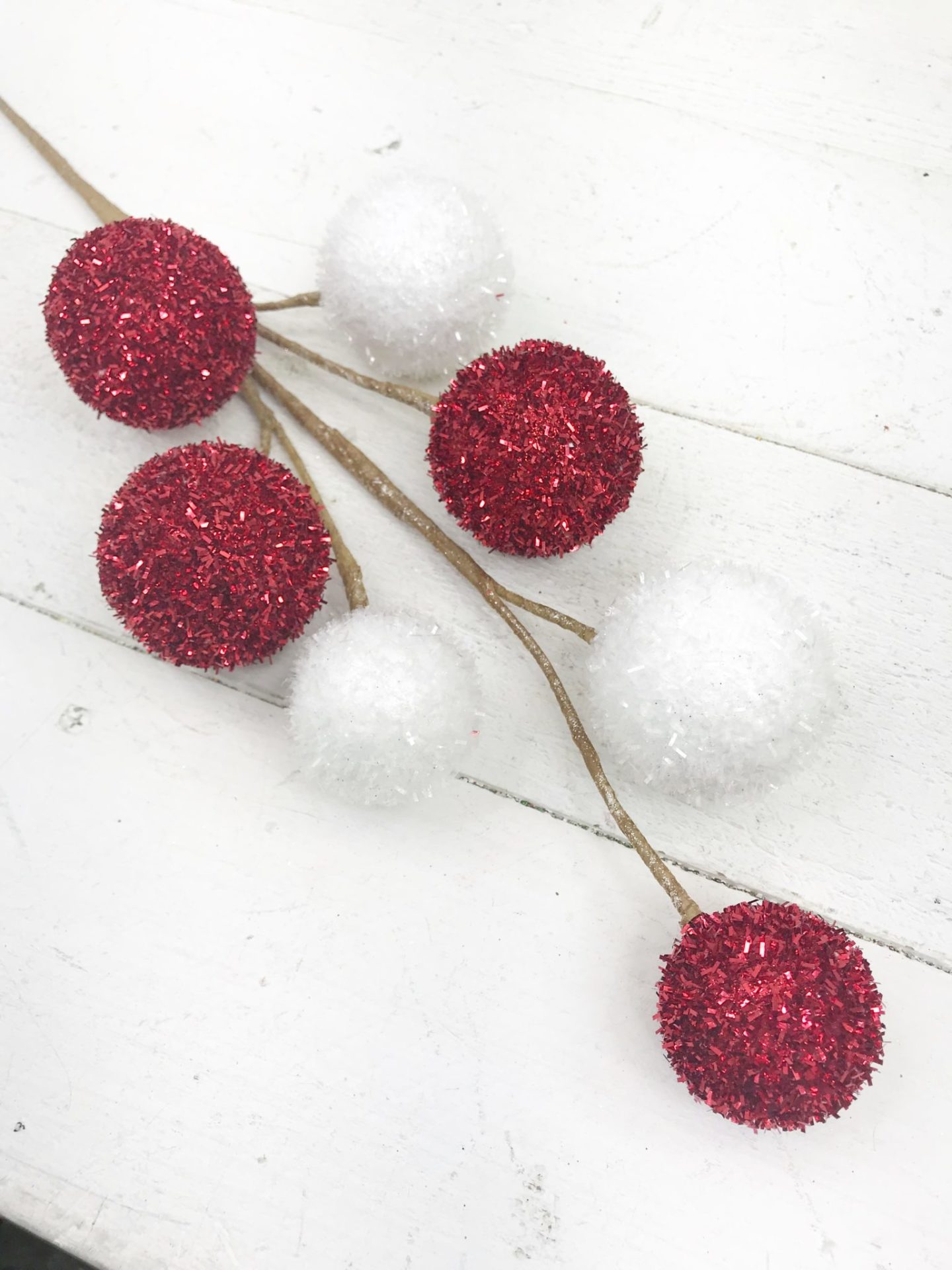 White and Red Tinsel Ball Stem - Kelea's Florals