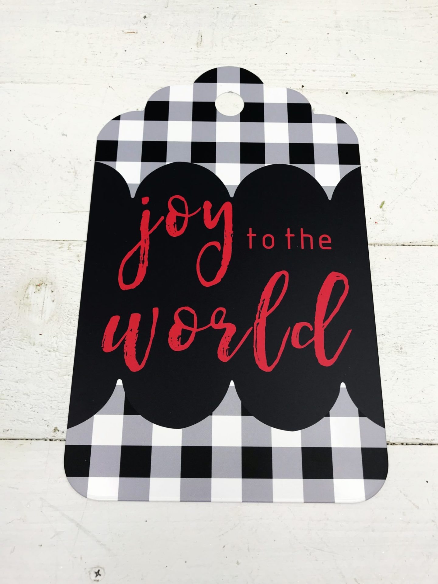 Christmas White Black Buffalo Plaid Metal Tag Sign - Joy - Kelea's Florals
