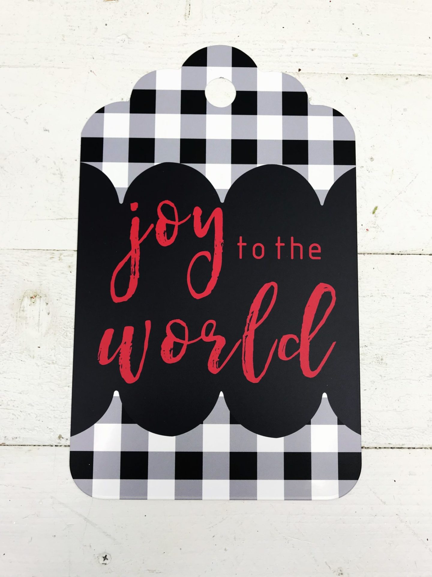 Christmas White Black Buffalo Plaid Metal Tag Sign - Joy - Kelea's Florals
