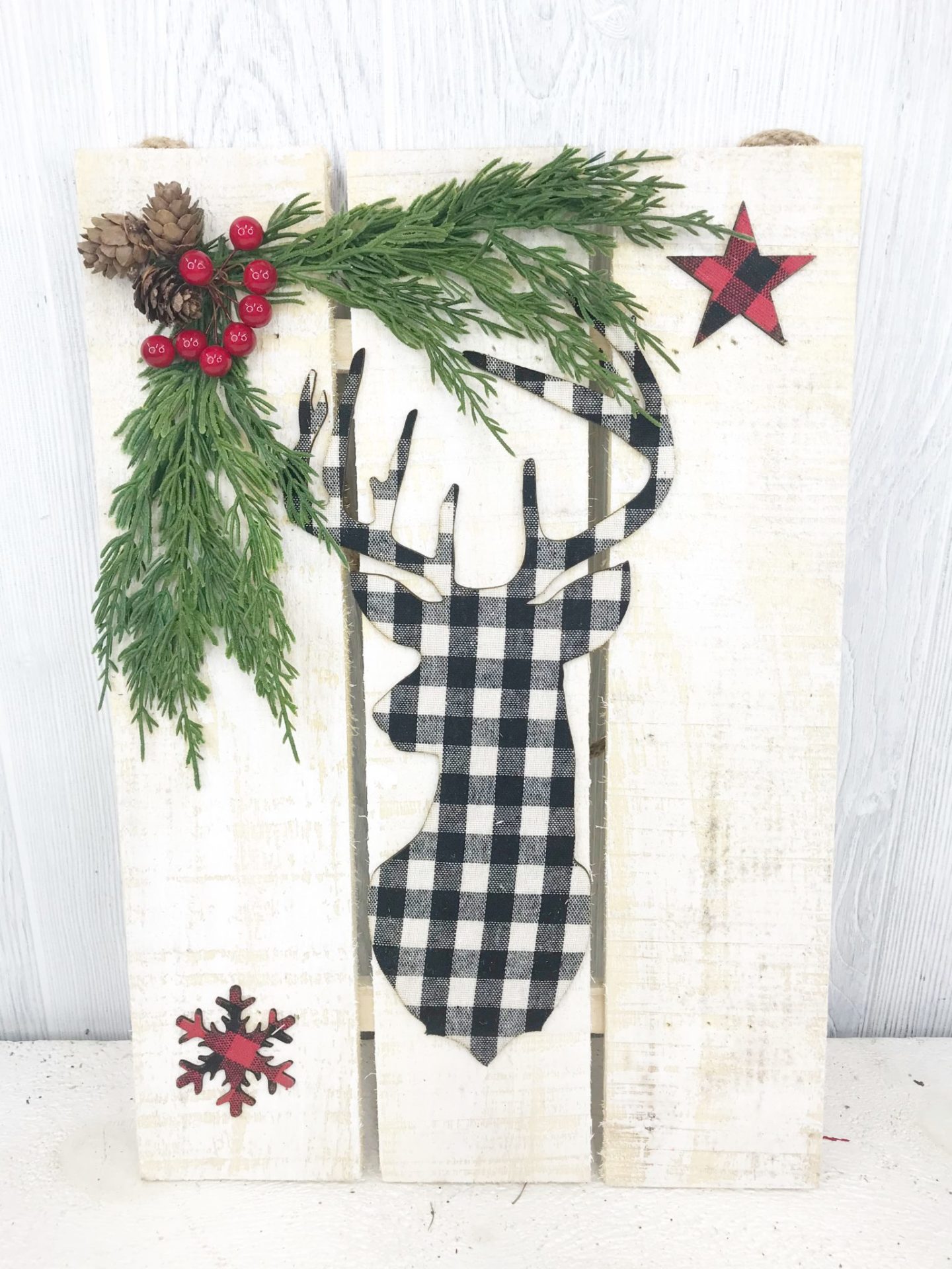 Wooden Sign with Black White Buffalo Check Deer - Kelea's Florals