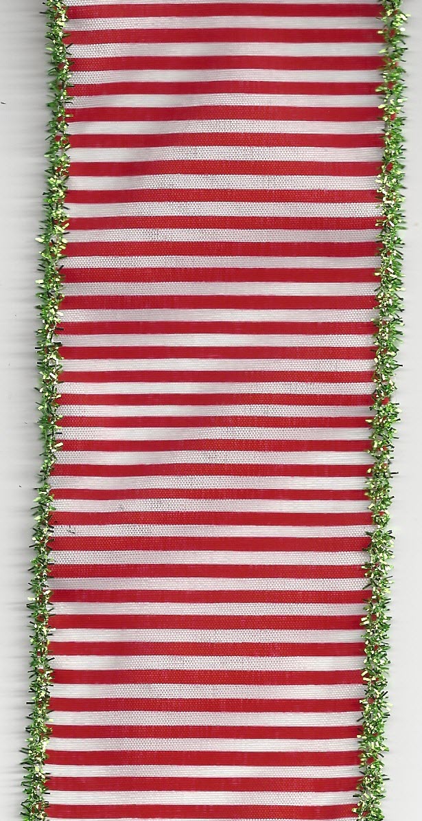 2.5" Red & White Railroad with Green Tinsel Edge Ribbon on 10 Yard Roll ...