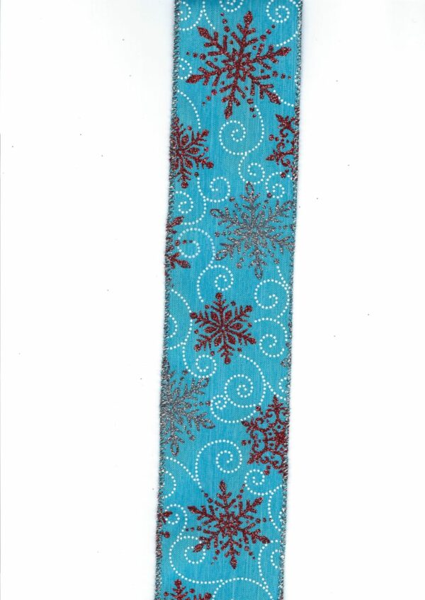 2.5" Retro Blue with Red White Glitter Snowflake Ribbon on 10 Yard Roll ...