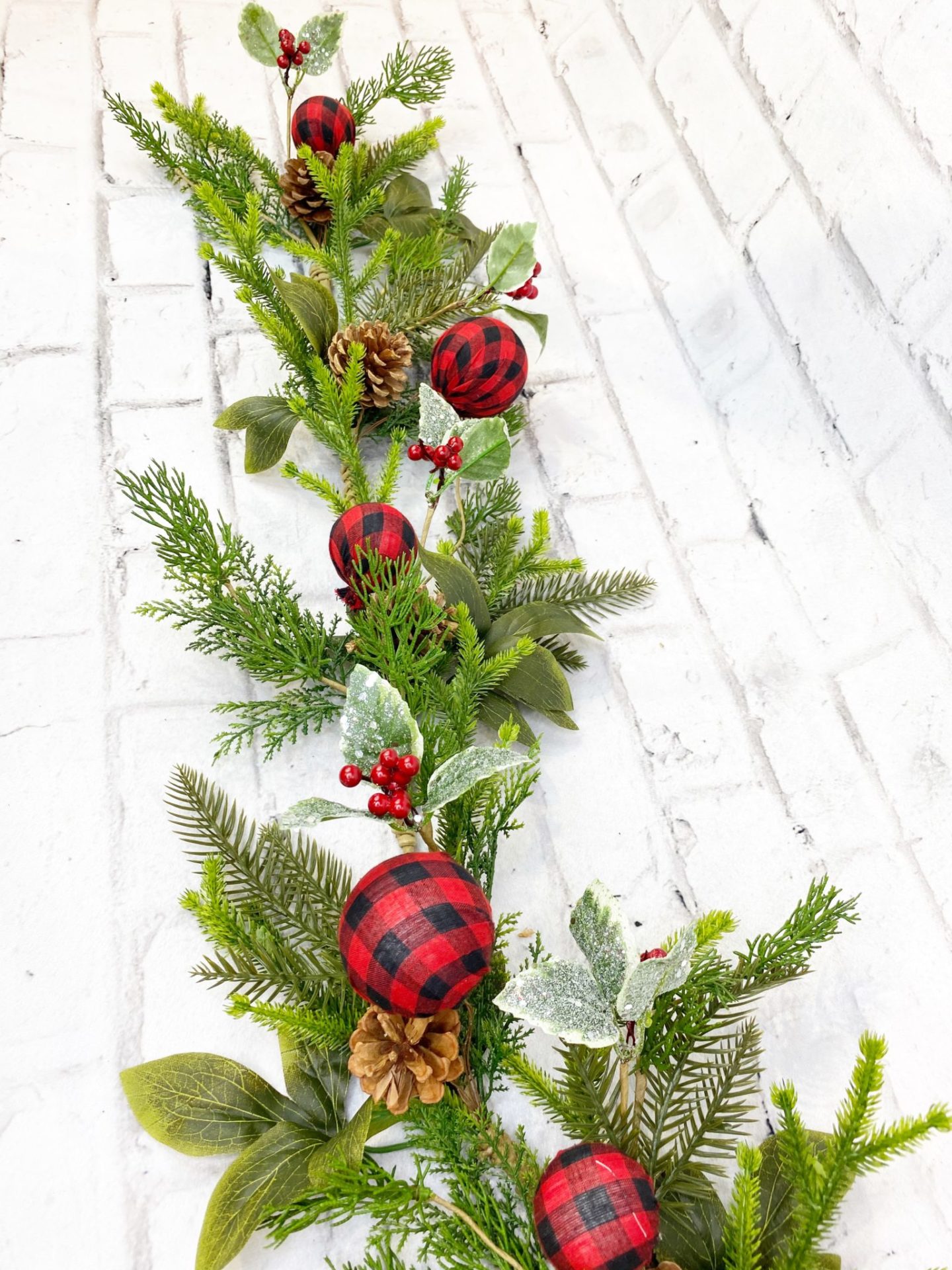 Red and Black Plaid Ball Pine Garland - Kelea's Florals
