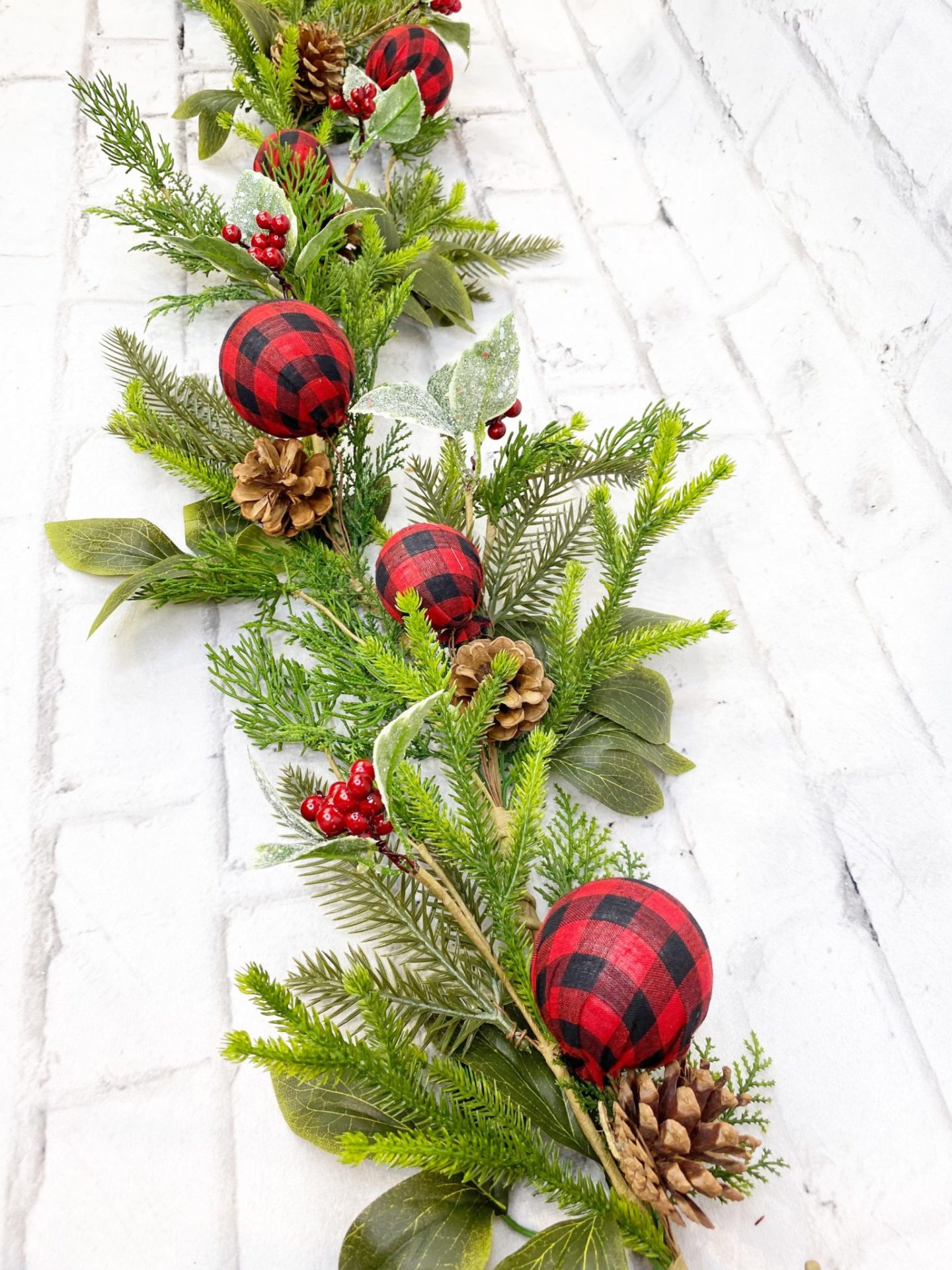 Red and Black Plaid Ball Pine Garland - Kelea's Florals