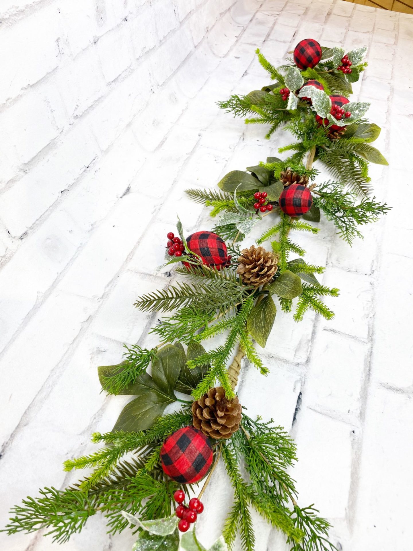 Red and Black Plaid Ball Pine Garland - Kelea's Florals