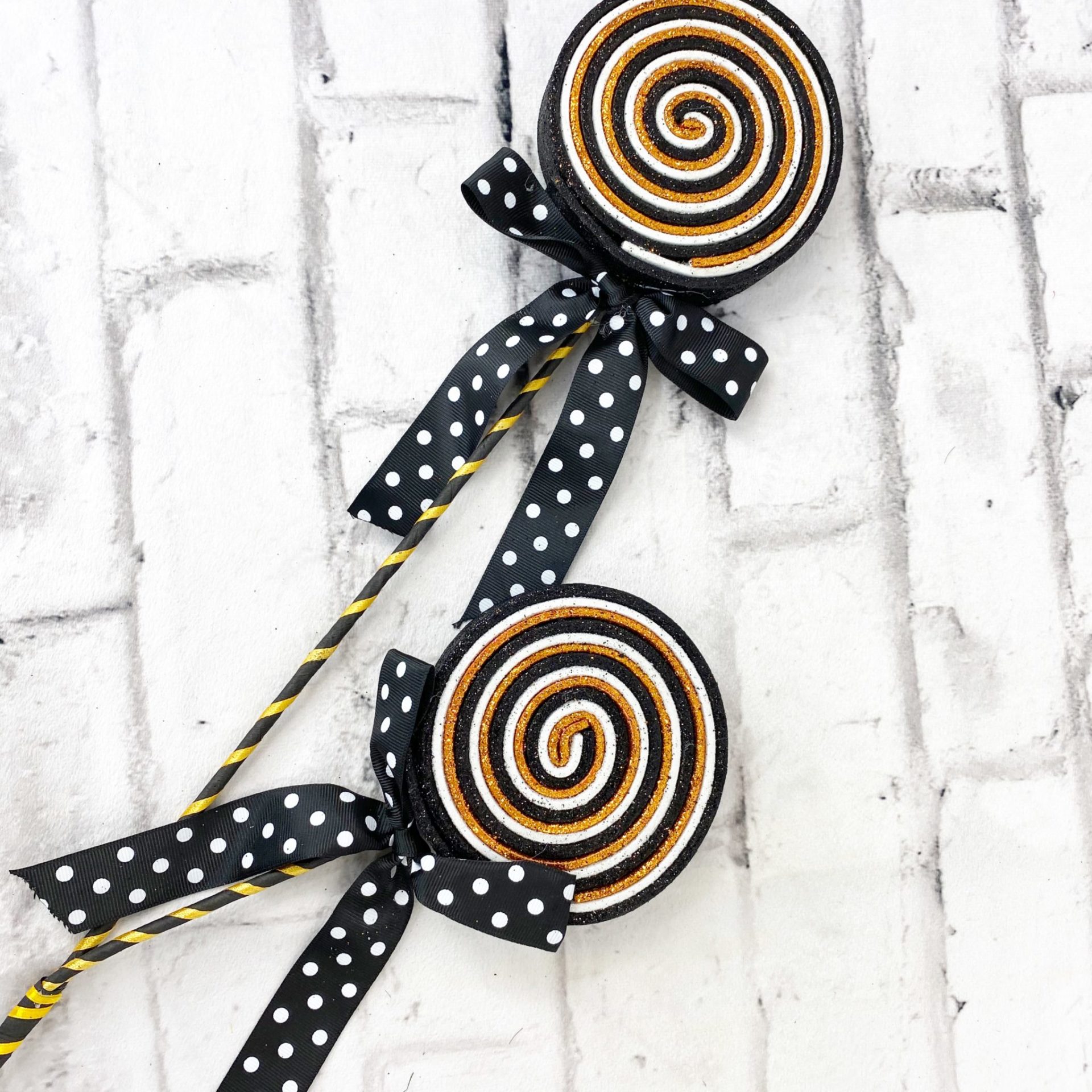 Medium Black White Orange Glitter Lollipop Bow Stem - Kelea's Florals