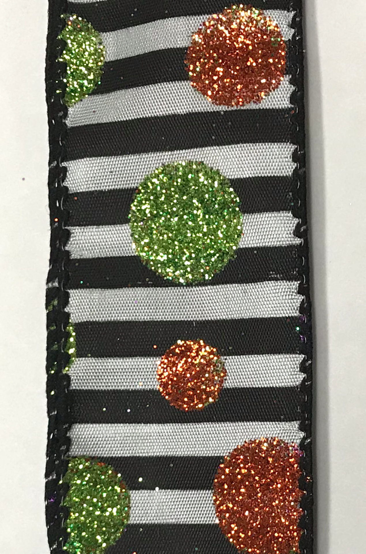 1.5" Glitter Dots on Black White Railroad Strip Ribbon on 10 Yard Roll ...