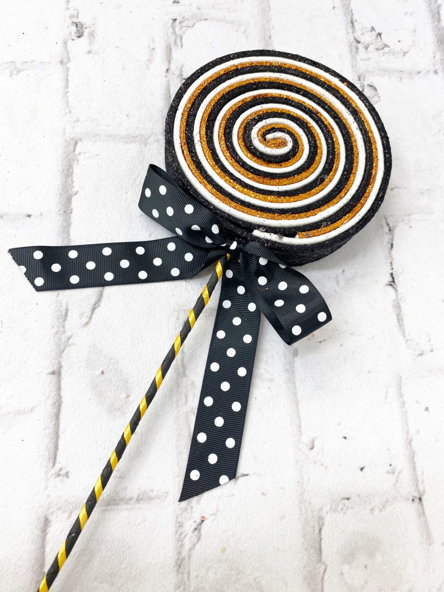 Small Black White Orange Glitter Lollipop Bow Stem - Kelea's Florals