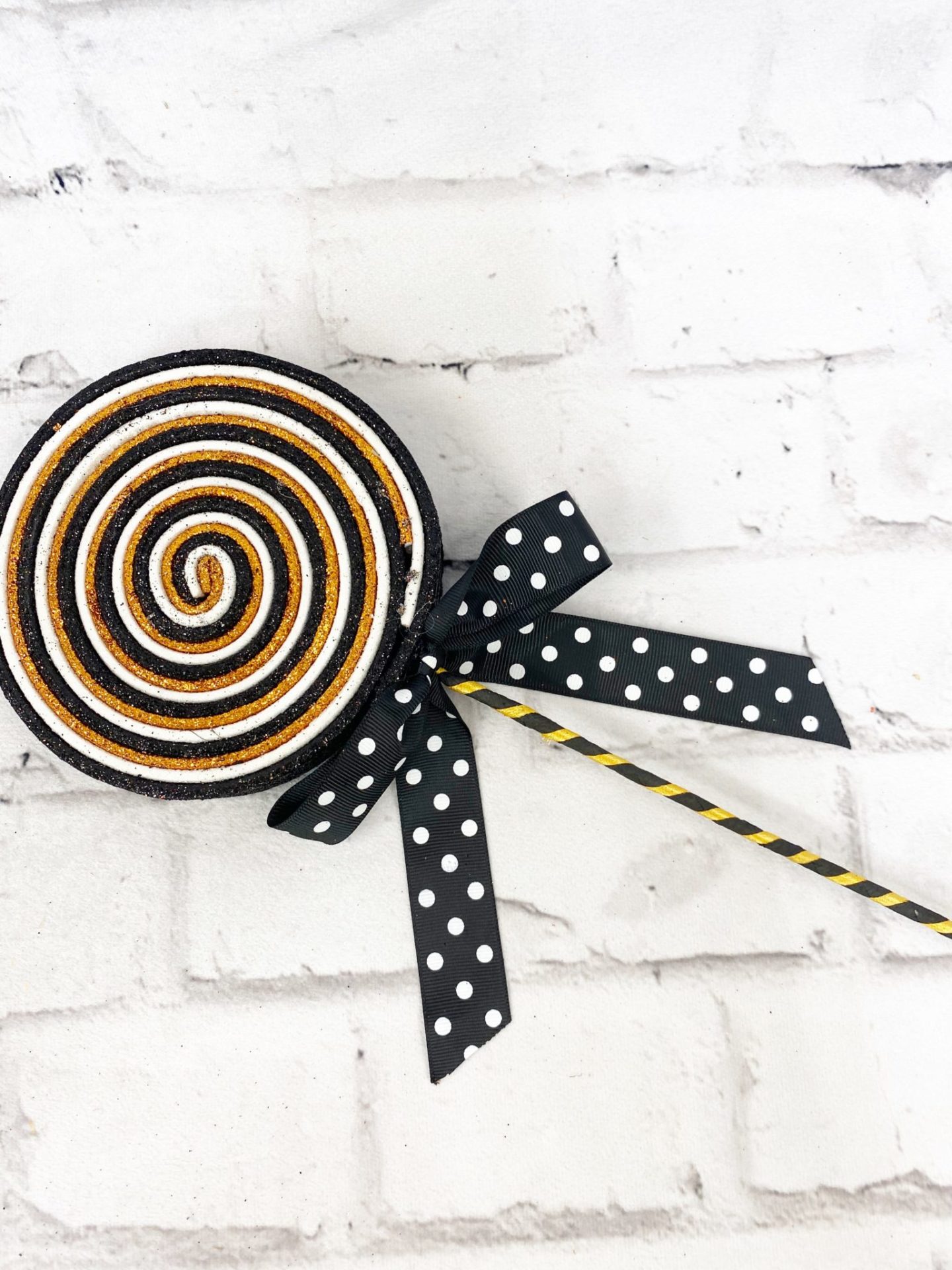 Small Black White Orange Glitter Lollipop Bow Stem - Kelea's Florals