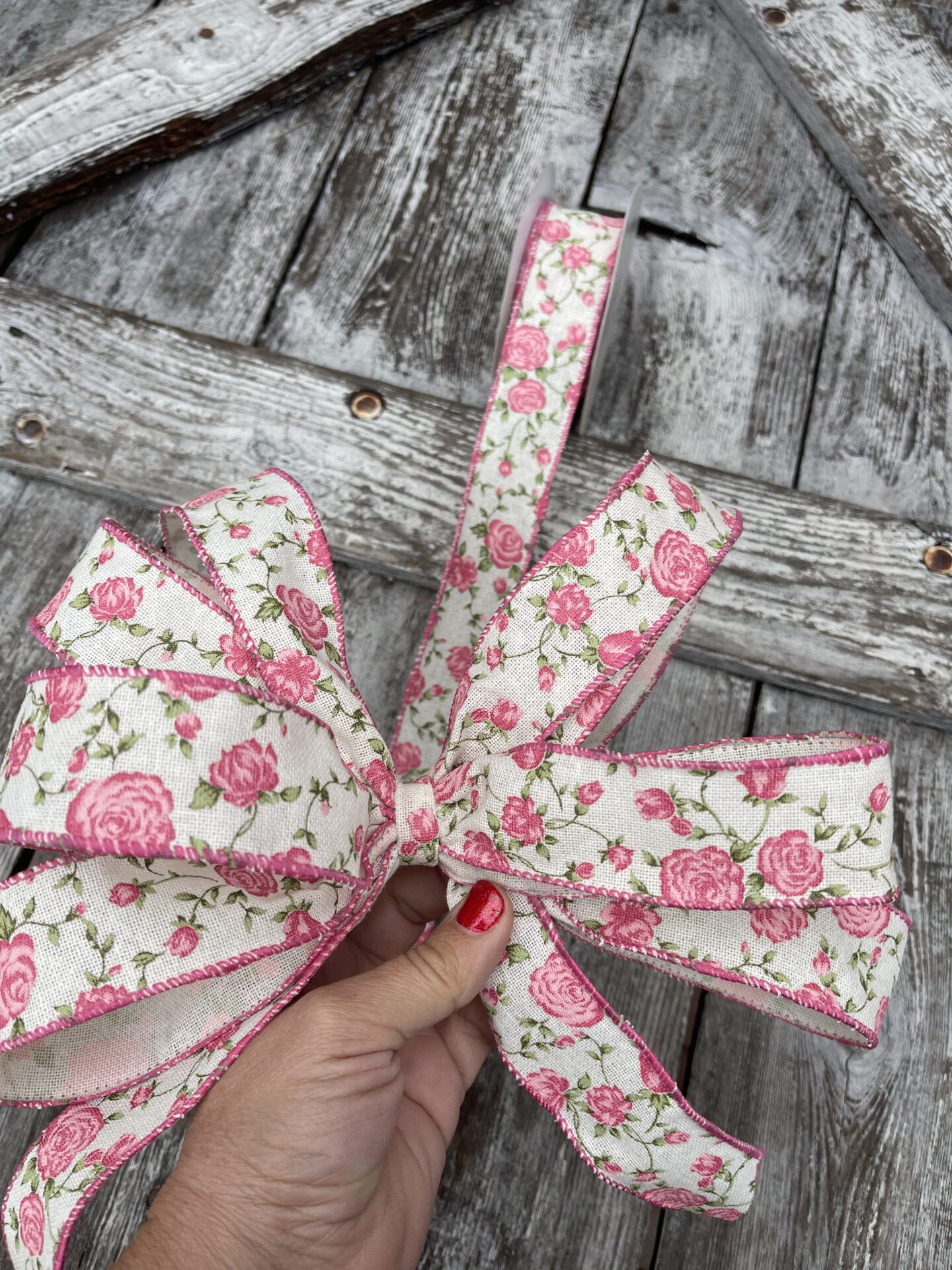 1.5" White Canvas Pink Roses Ribbon on a 10 Yard Roll - Kelea's Florals