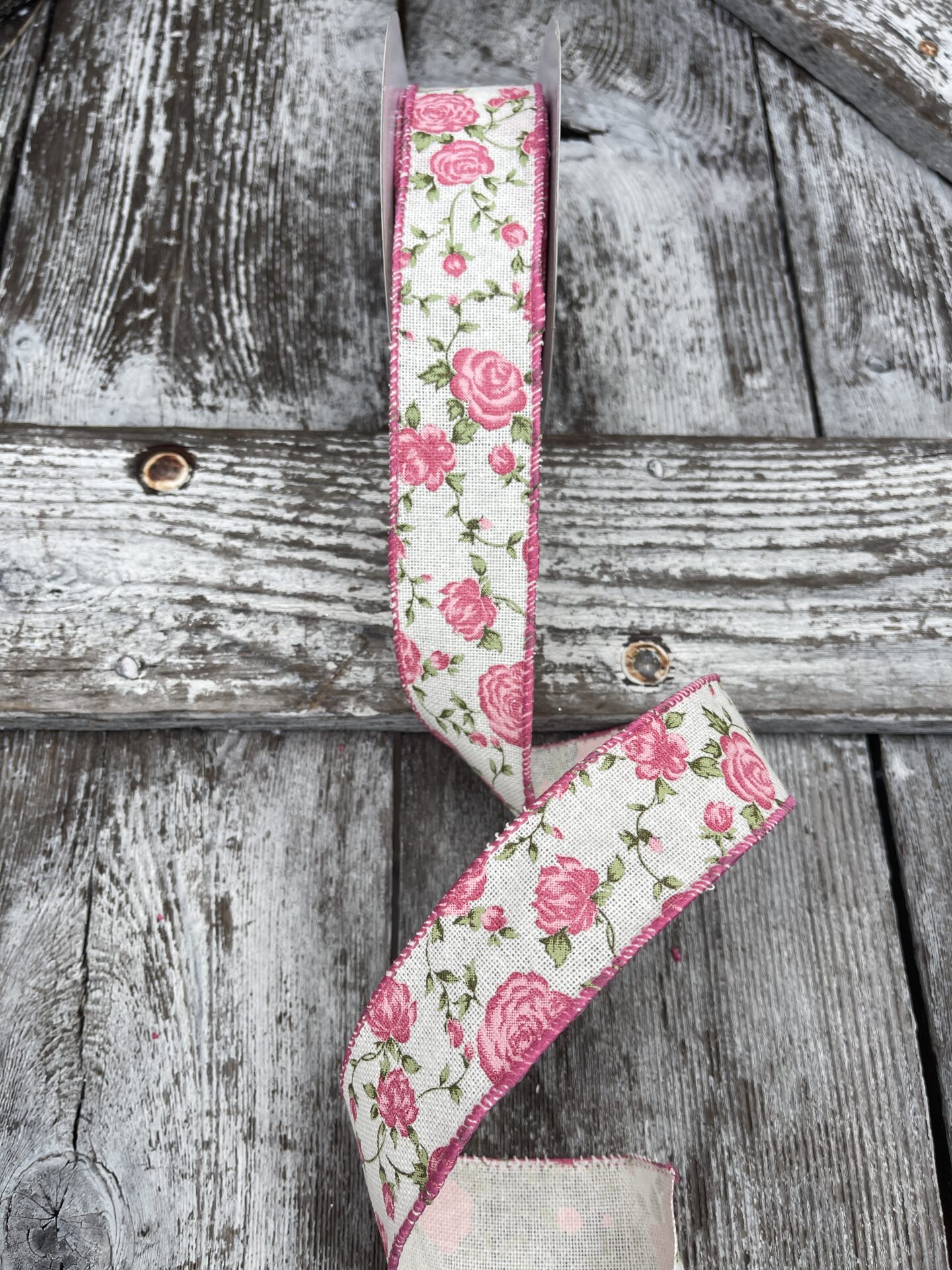 1.5" White Canvas Pink Roses Ribbon on a 10 Yard Roll - Kelea's Florals
