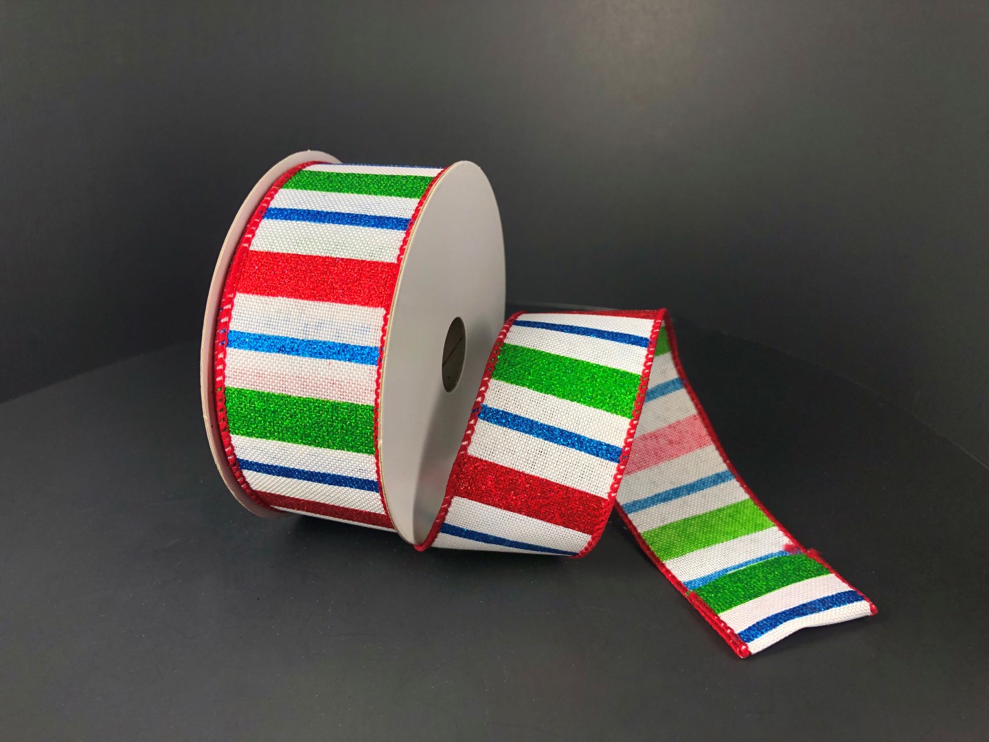 1.5" White Linen with Red Lime Turquoise Stripe Ribbon on a 10 Yard ...