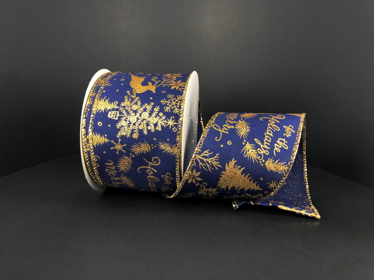 2.5" Navy Satin with Gold Glittery Christmas Script & Icons Ribbon on a ...