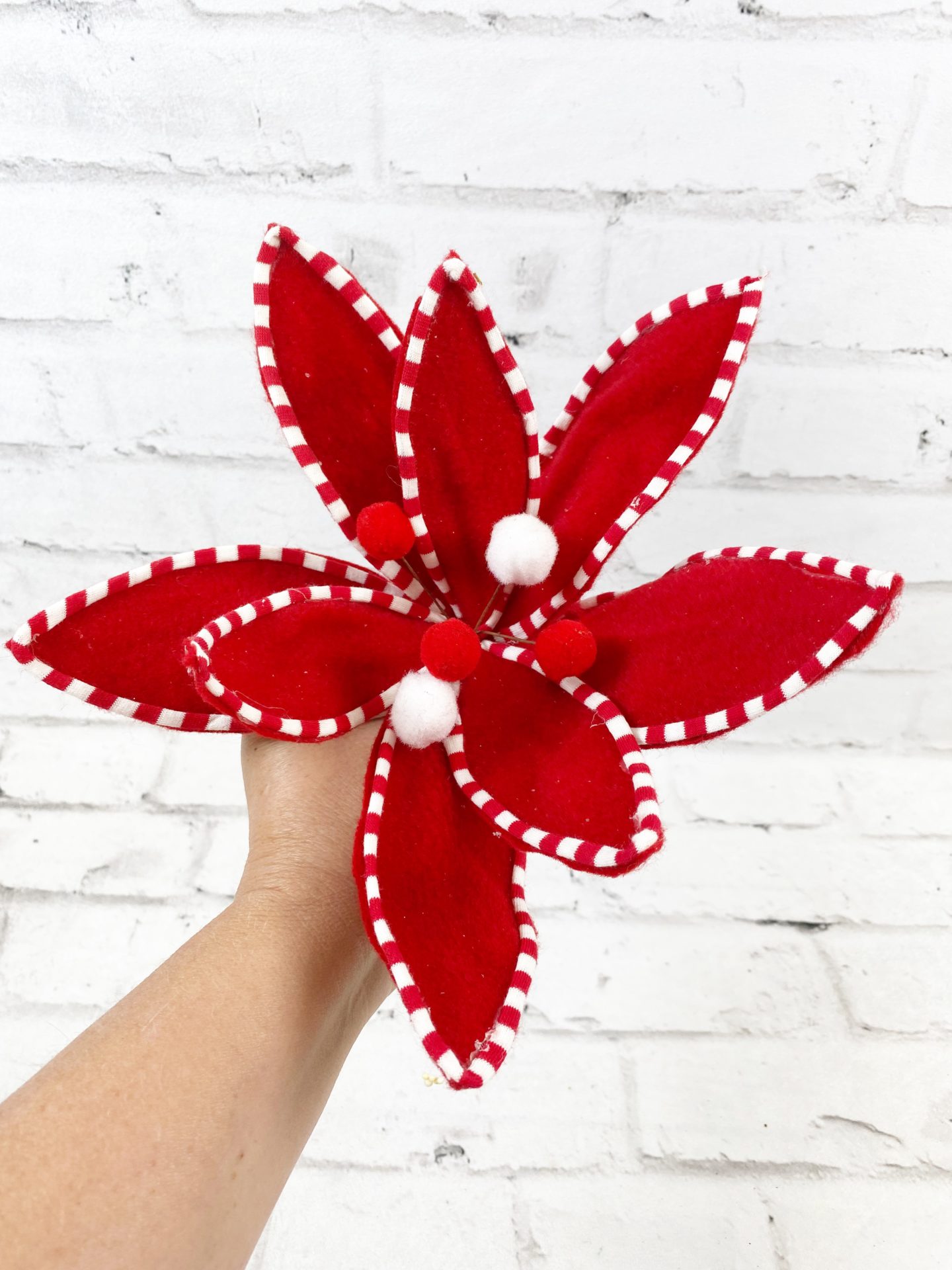 Red White Velvet Peppermint Edge Poinsettia Pick - Kelea's Florals