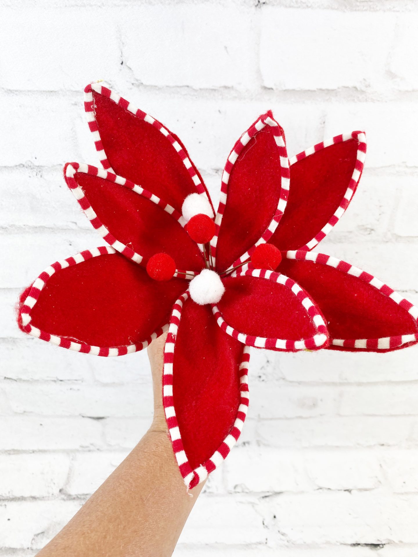 Red White Velvet Peppermint Edge Poinsettia Pick - Kelea's Florals