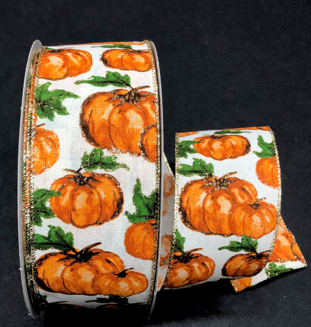2.5" Ivory with Orange Pumpkins Ribbon 50 Yard Roll - Kelea's Florals
