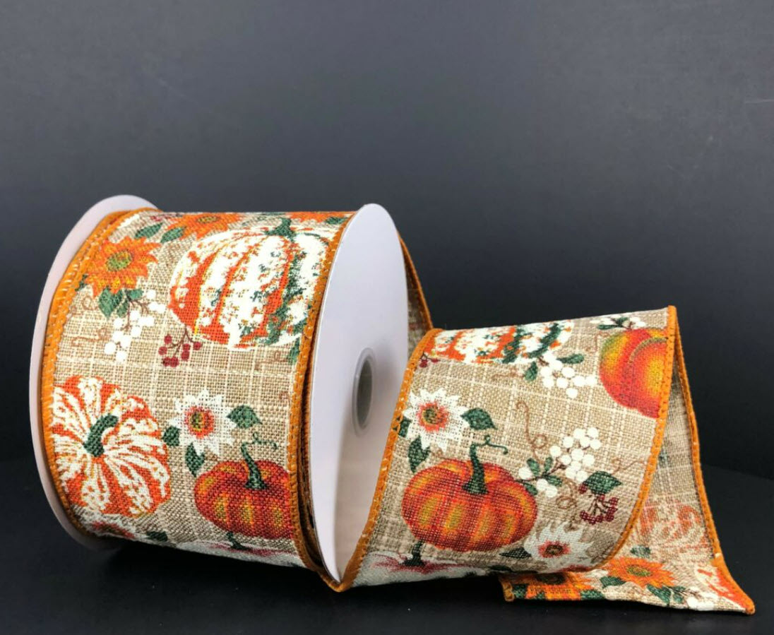 2.5" Natural with Various color Pumpkins Ribbon 10 Yard Roll - Kelea's ...