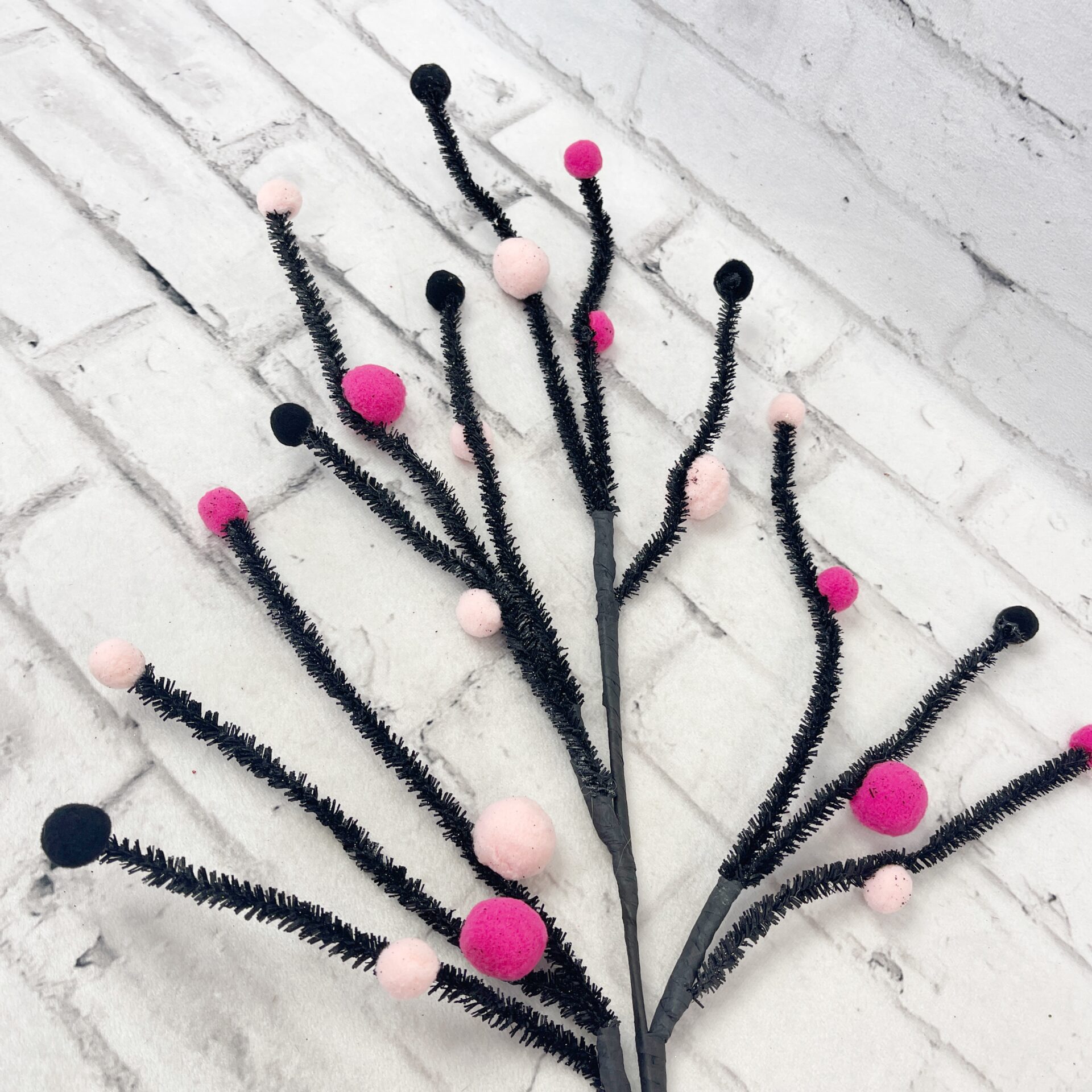 Fuchsia Pink Black Felt Ball Twig Spray - Kelea's Florals