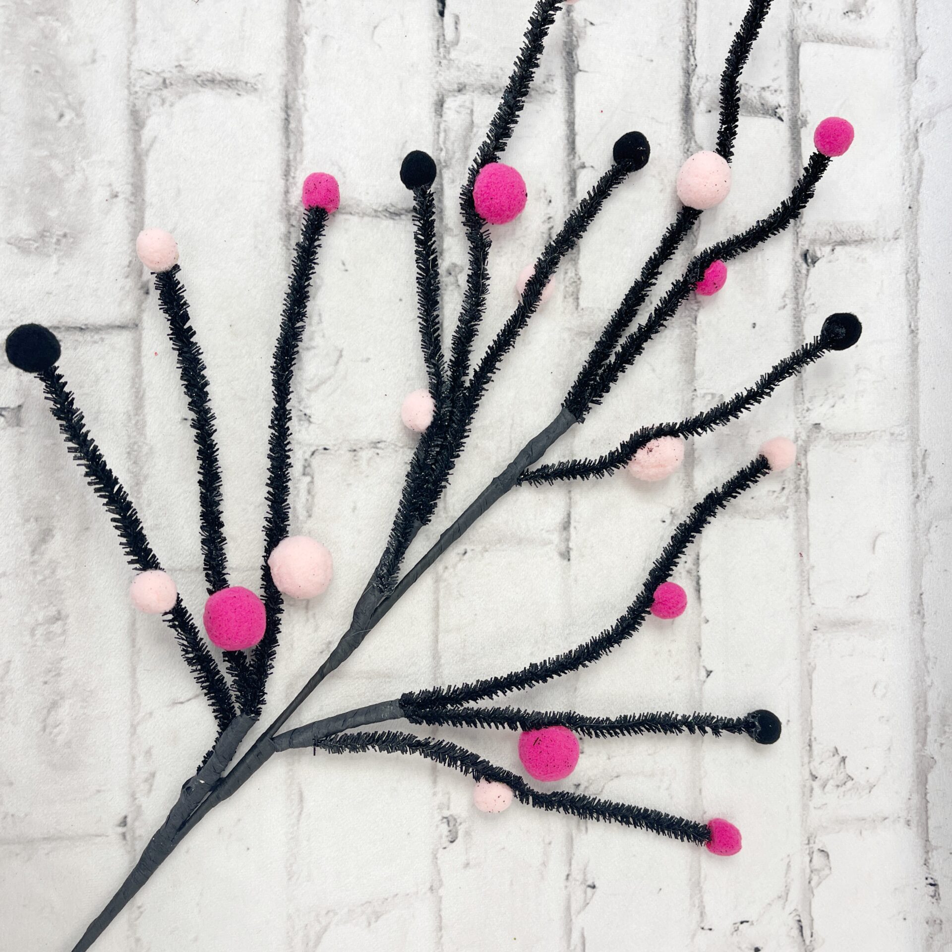 Fuchsia Pink Black Felt Ball Twig Spray - Kelea's Florals