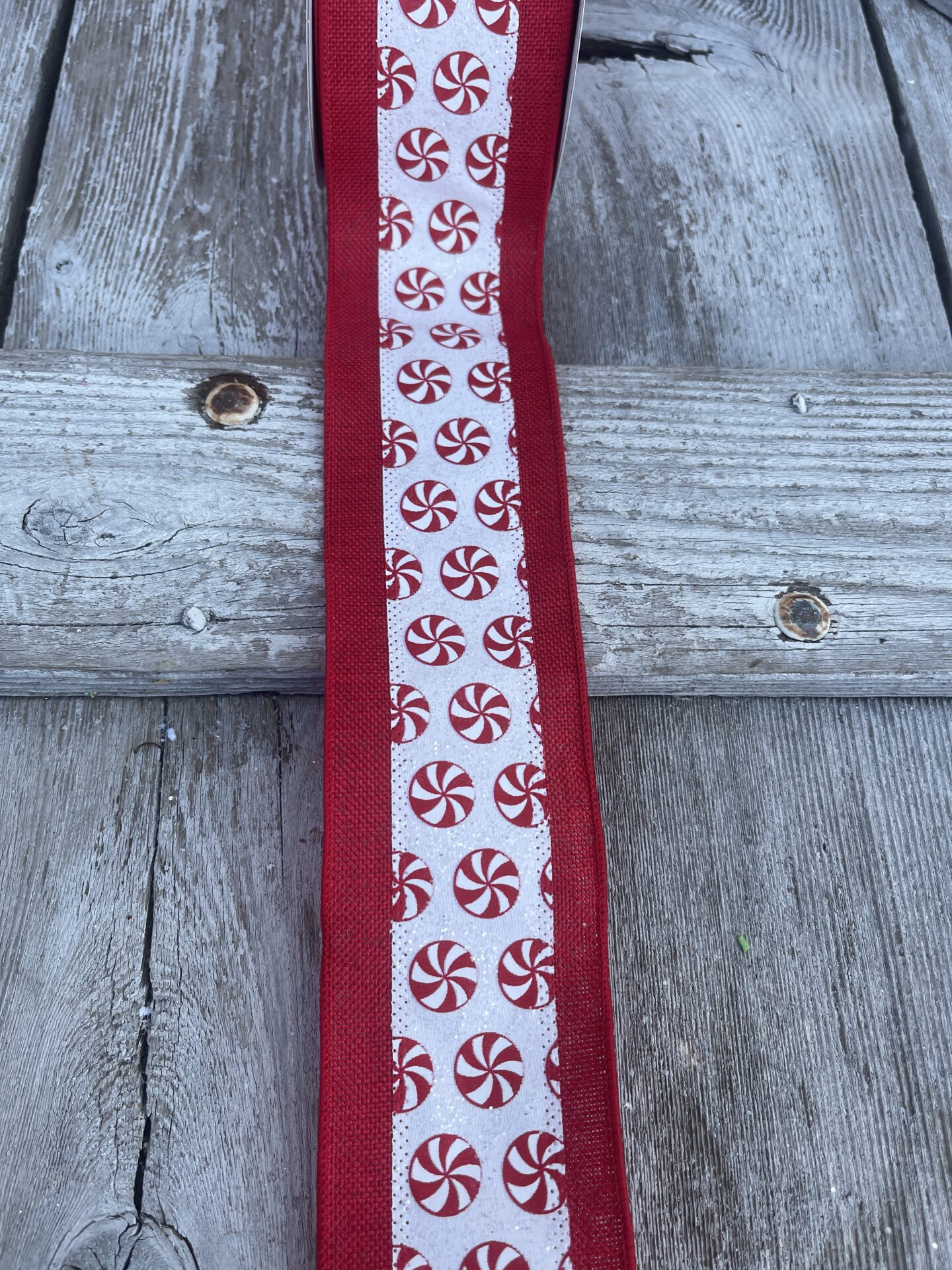 2.5" White Glitter with Peppermints, Red Edge Ribbon on a 10 Yard Roll ...