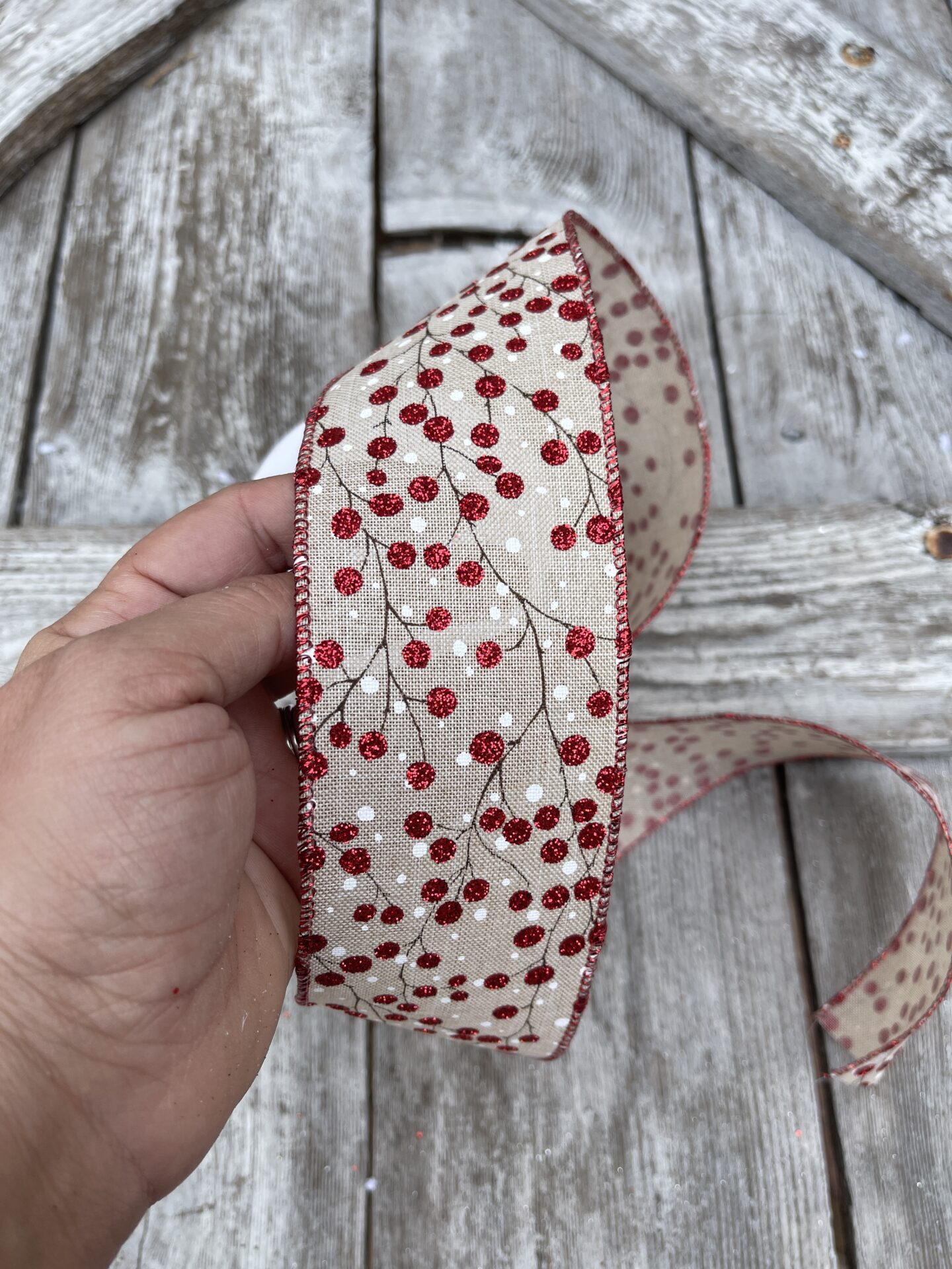 2.5" Natural Linen with Red Glitter Berry Branches Ribbon on a 10 Yard ...
