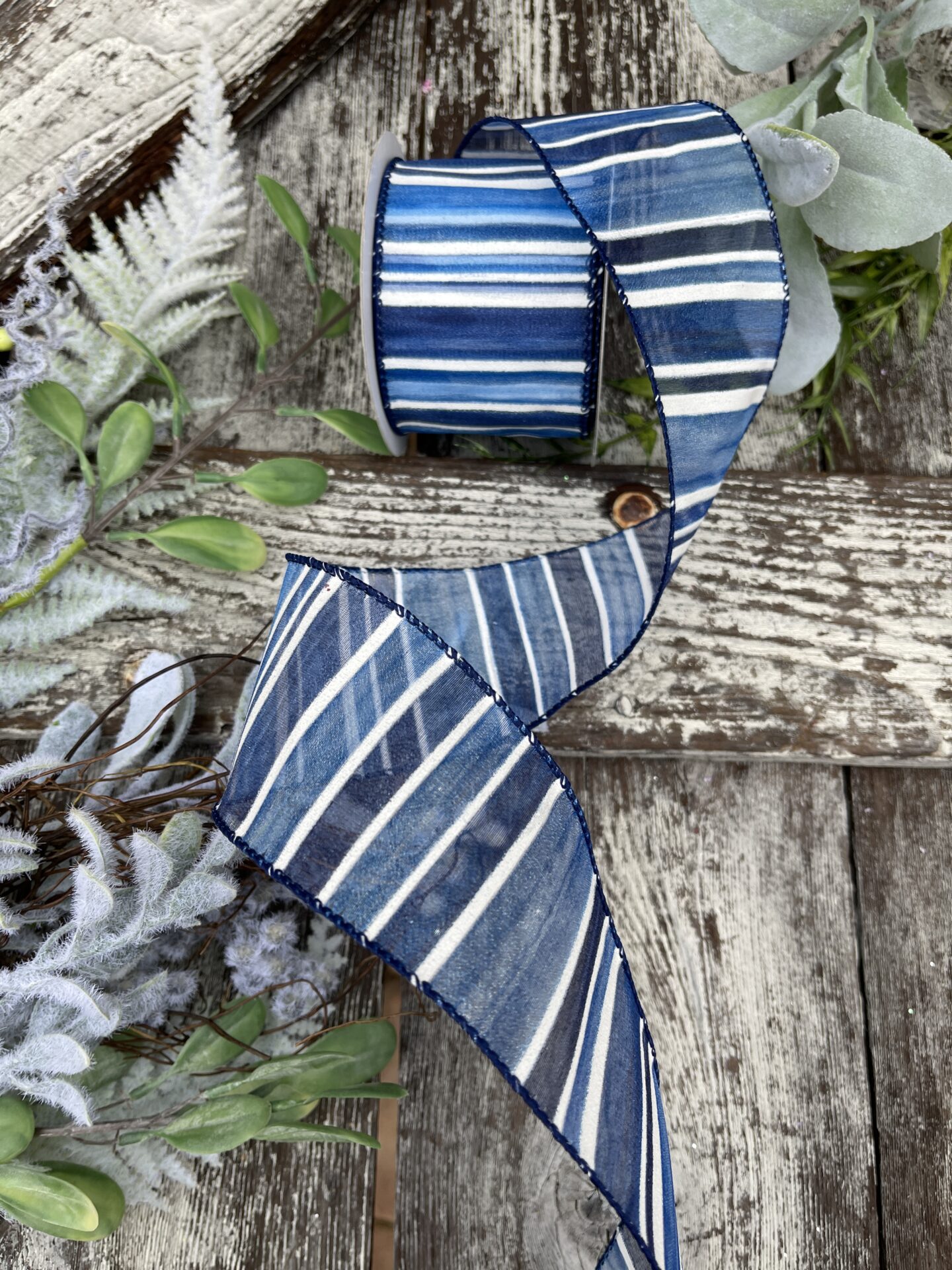 2.5" Navy Blue White Sheer Stripe Ribbon on 10 Yard Roll - Kelea's Florals