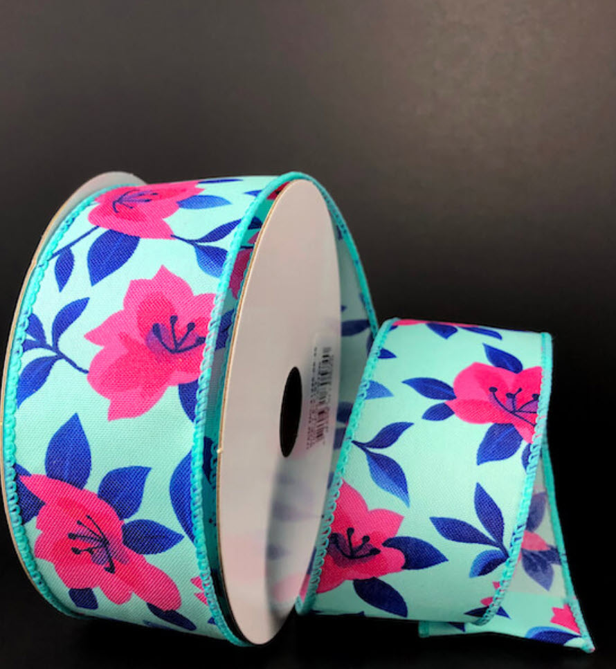 1.5" Pink flower on Teal Ribbon on 10 Yard Roll - Kelea's Florals
