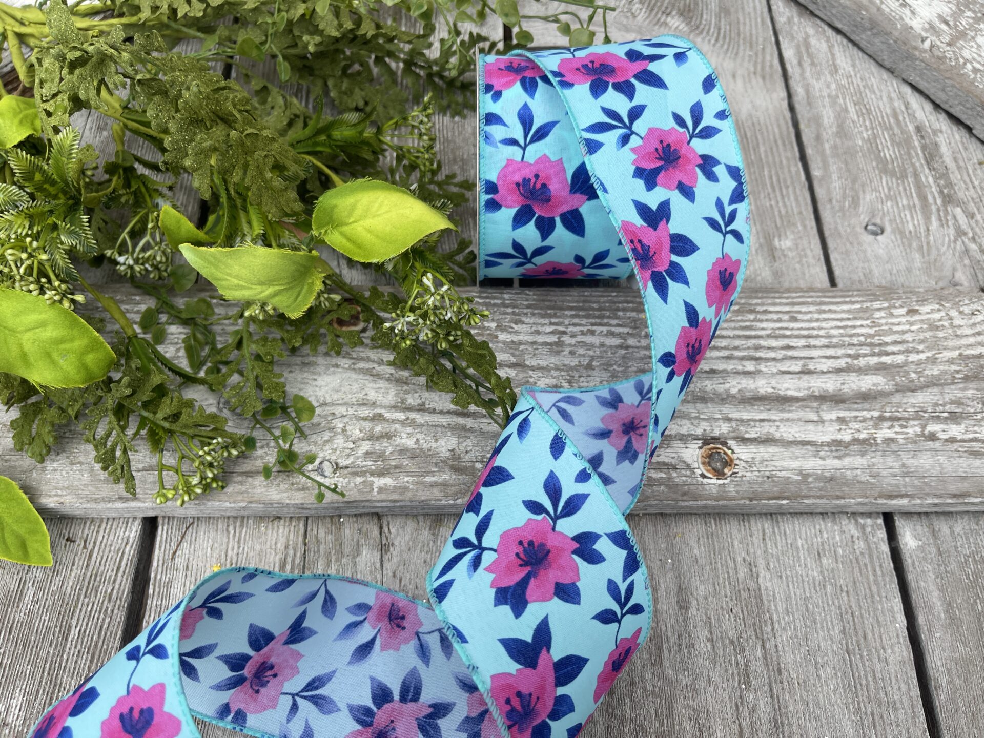 2.5" Aqua Satin with Fuchsia Magnolias Wired Ribbon on a 10 Yard Roll ...