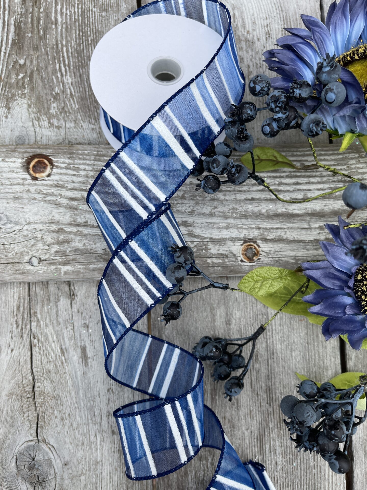 1.5" Navy Blue White Sheer Stripe Ribbon on 10 Yard Roll - Kelea's Florals