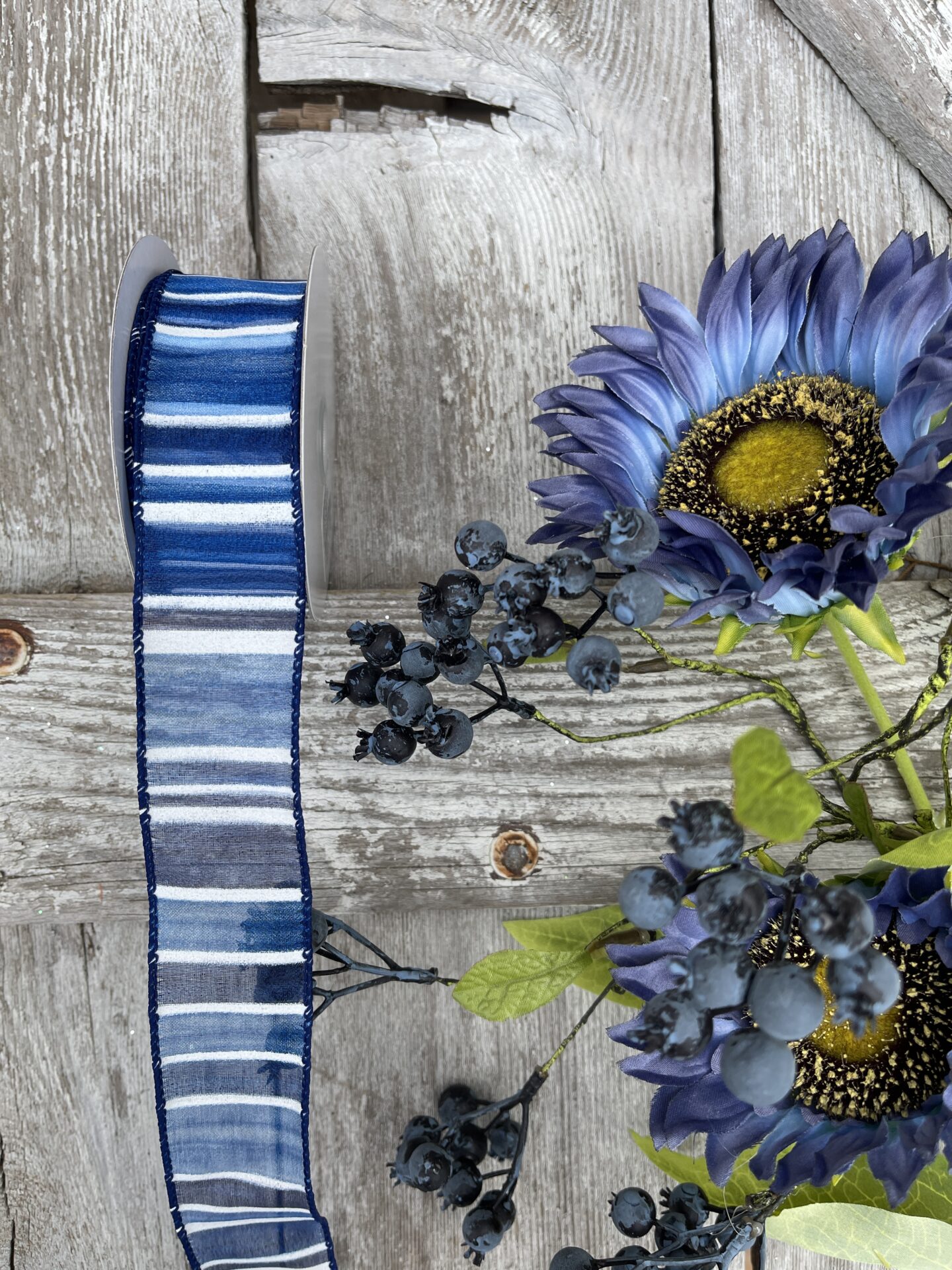 1.5" Navy Blue White Sheer Stripe Ribbon on 10 Yard Roll - Kelea's Florals