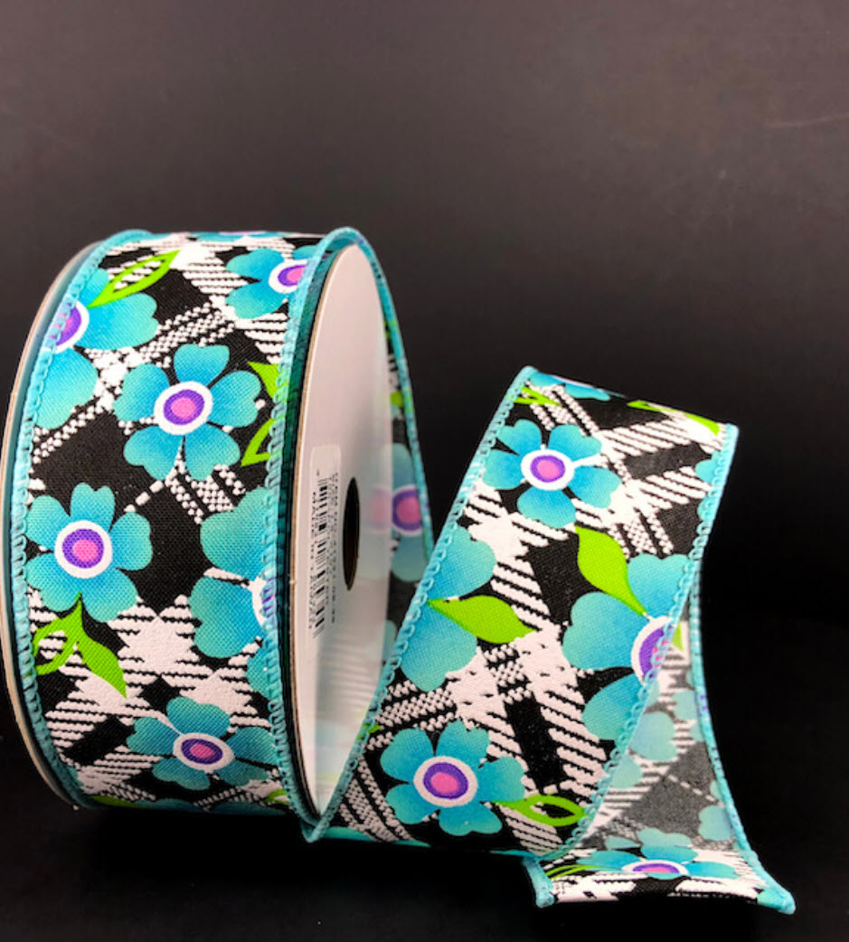 1.5" Teal Flowers on Black White Ribbon on 10 Yard Roll - Kelea's Florals