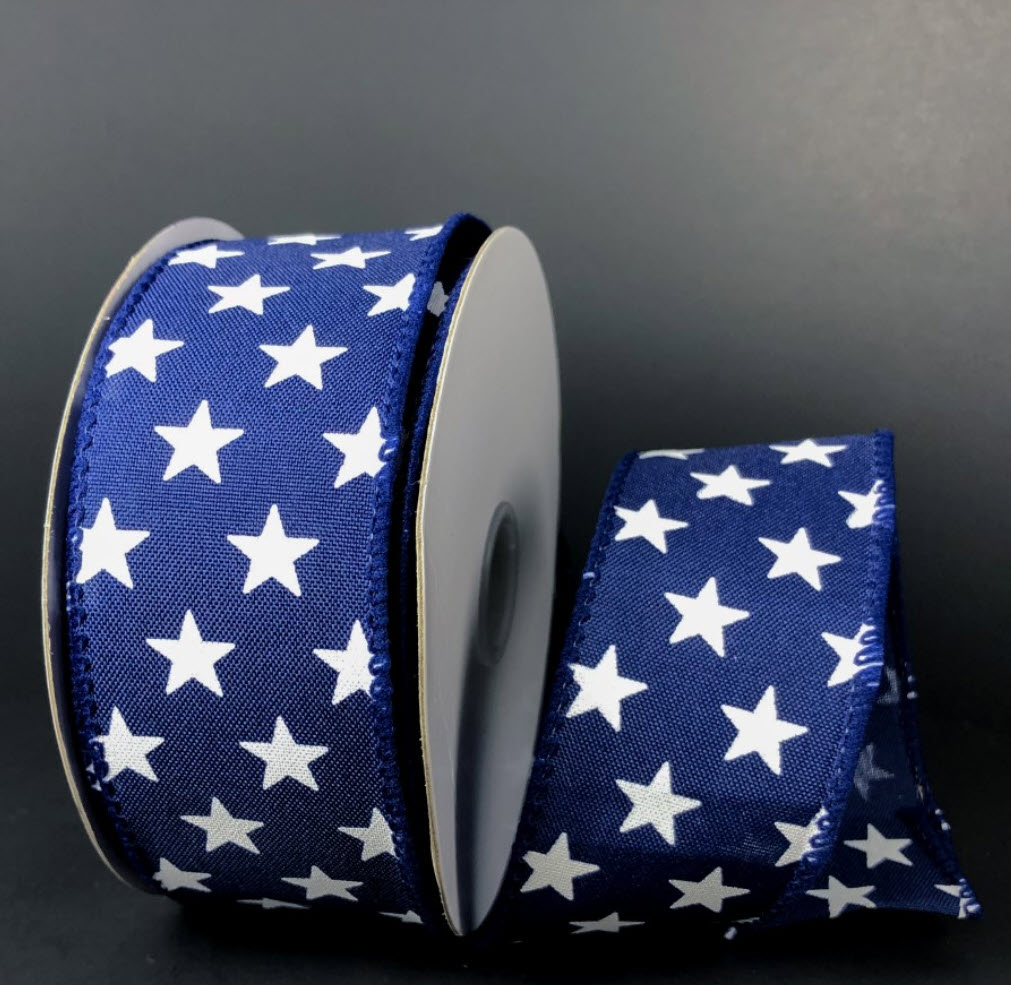 1.5" White Stars on Navy Ribbon on 10 Yard Roll - Kelea's Florals