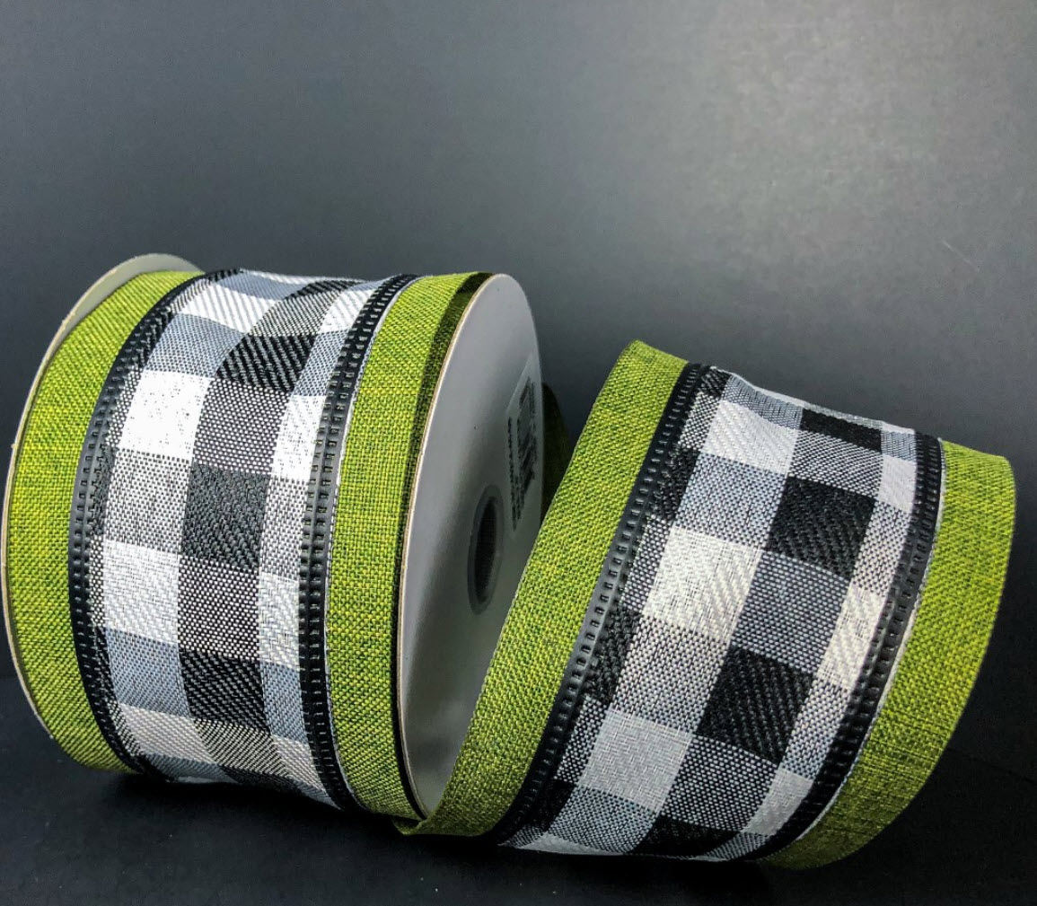 2.5" Black White Buffalo Plaid with Green edge Ribbon on a 10 Yard Roll ...