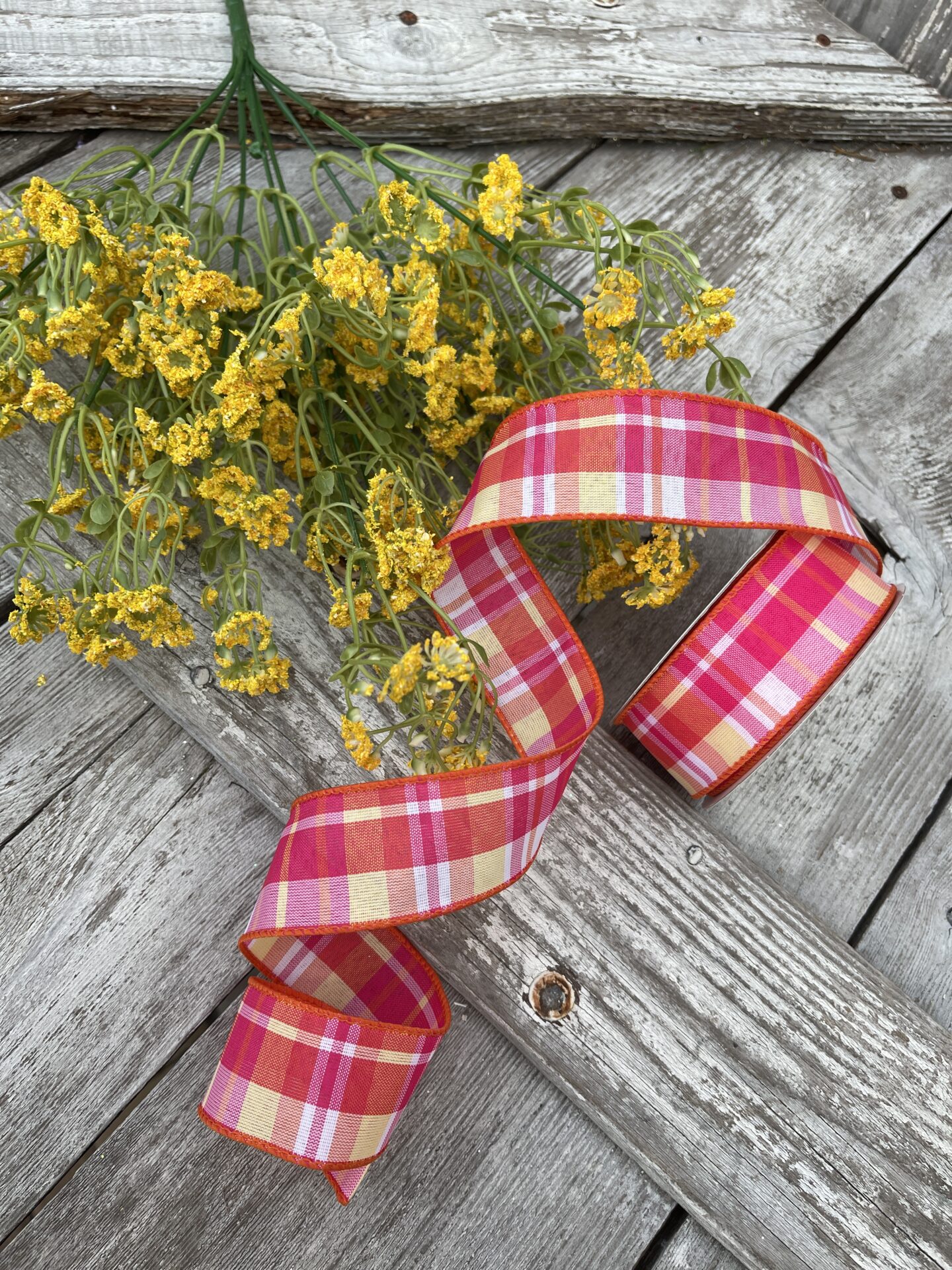 1.5" Pink Orange Yellow White Toni Plaid Wired Ribbon on a 10 Yard Roll ...