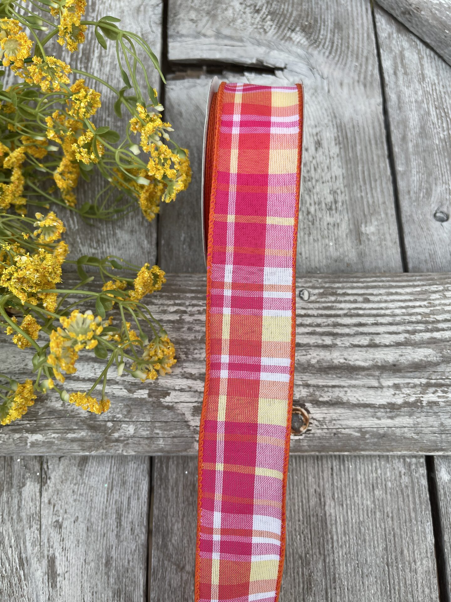 1.5" Pink Orange Yellow White Toni Plaid Wired Ribbon on a 10 Yard Roll ...