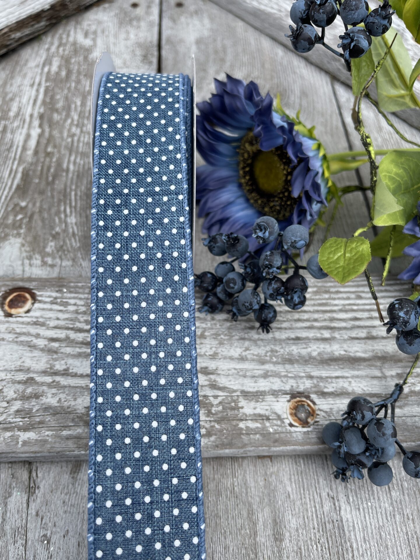1.5" Small White Dots on Denim Ribbon on 10 Yard Roll - Kelea's Florals