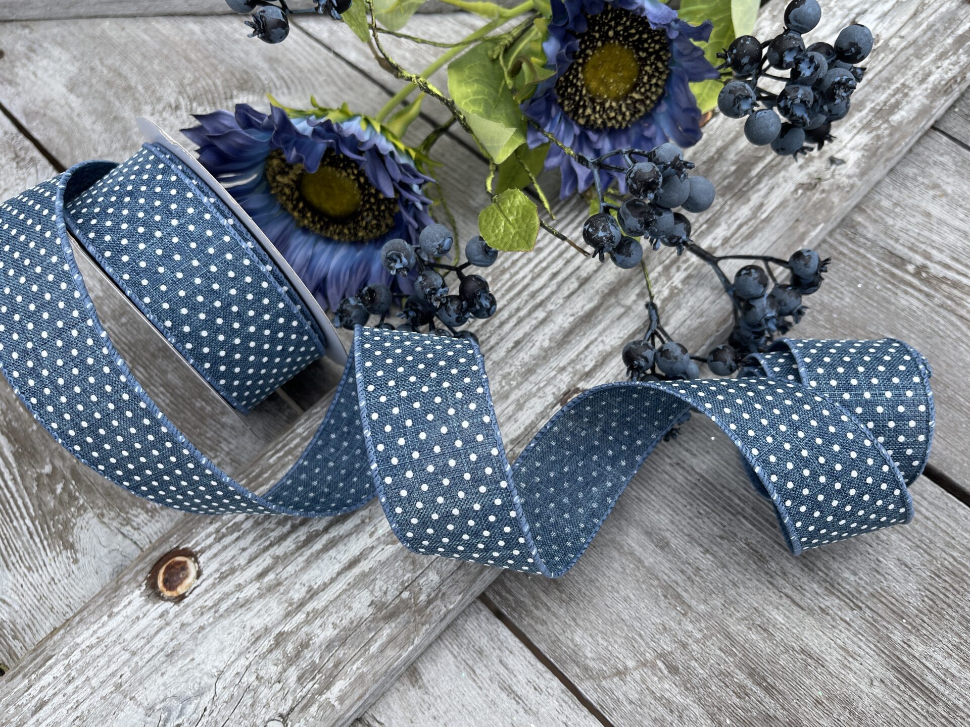 1.5" Small White Dots on Denim Ribbon on 10 Yard Roll - Kelea's Florals
