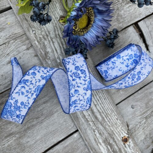 1.5" White Linen with Cobalt Blue Ombre Roses Wired Ribbon on a 10 Yard ...
