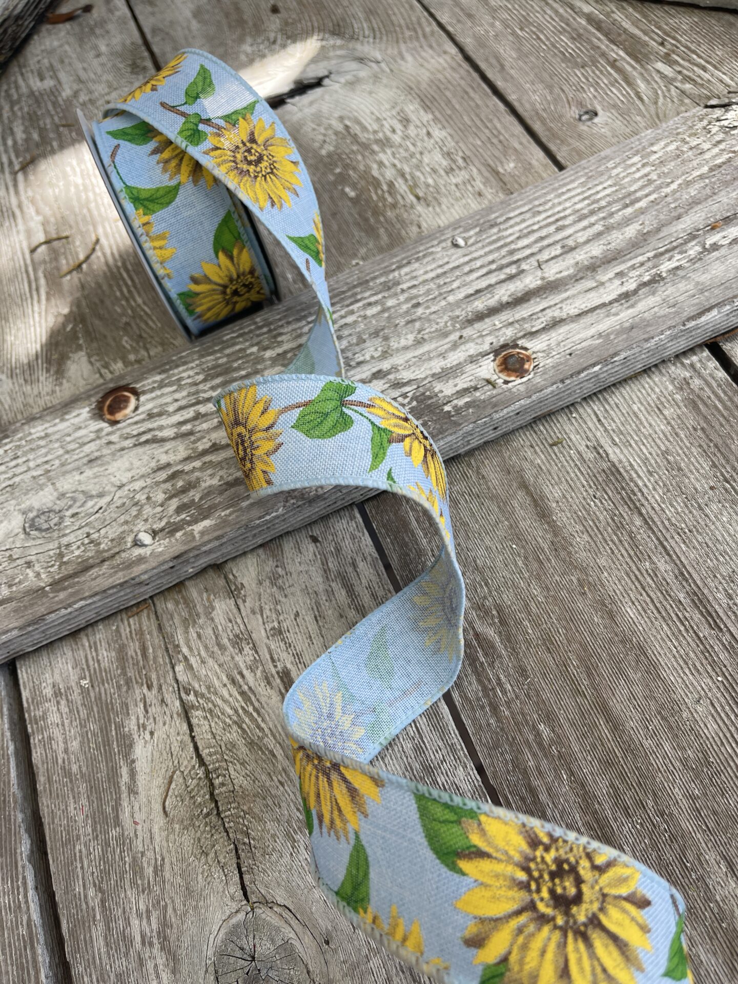 1.5" Light Blue Linen with Sunflowers Ribbon - Kelea's Florals