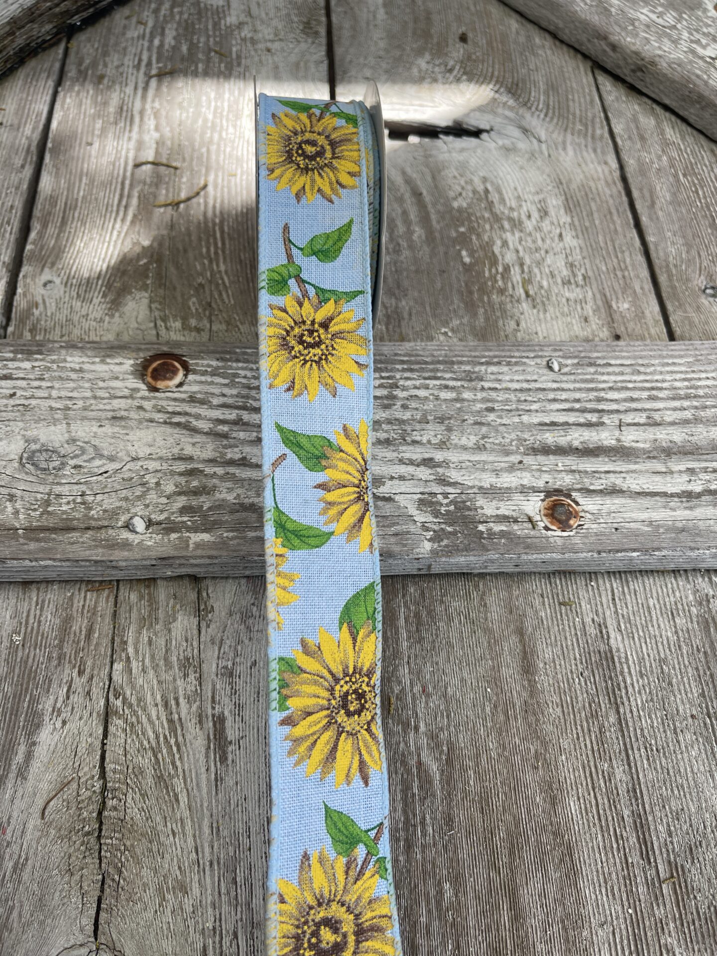 1.5" Light Blue Linen with Sunflowers Ribbon - Kelea's Florals