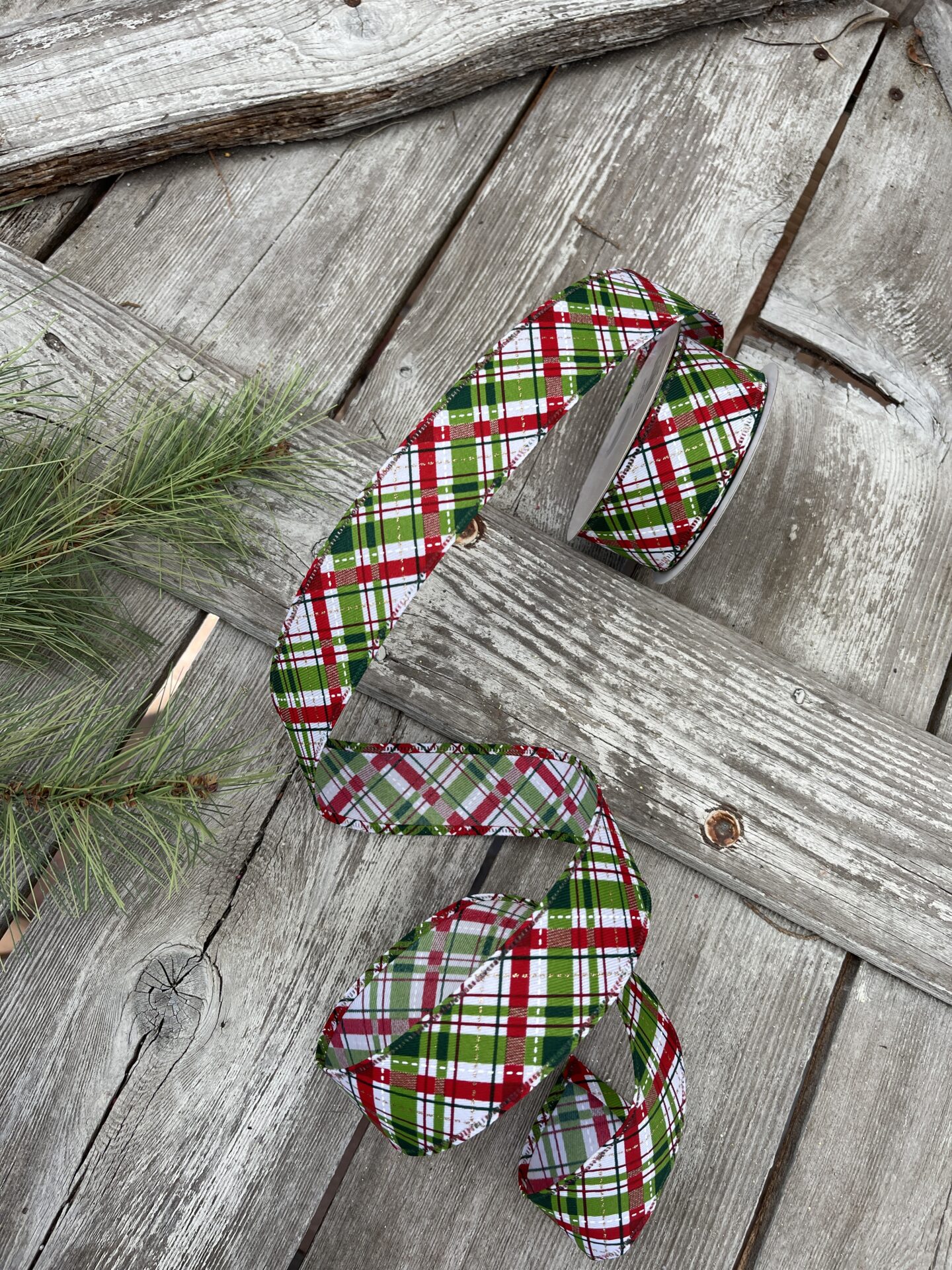 1.5" White Lime Moss Red Gold Plaid Ribbon on 10 YD Roll - Kelea's Florals