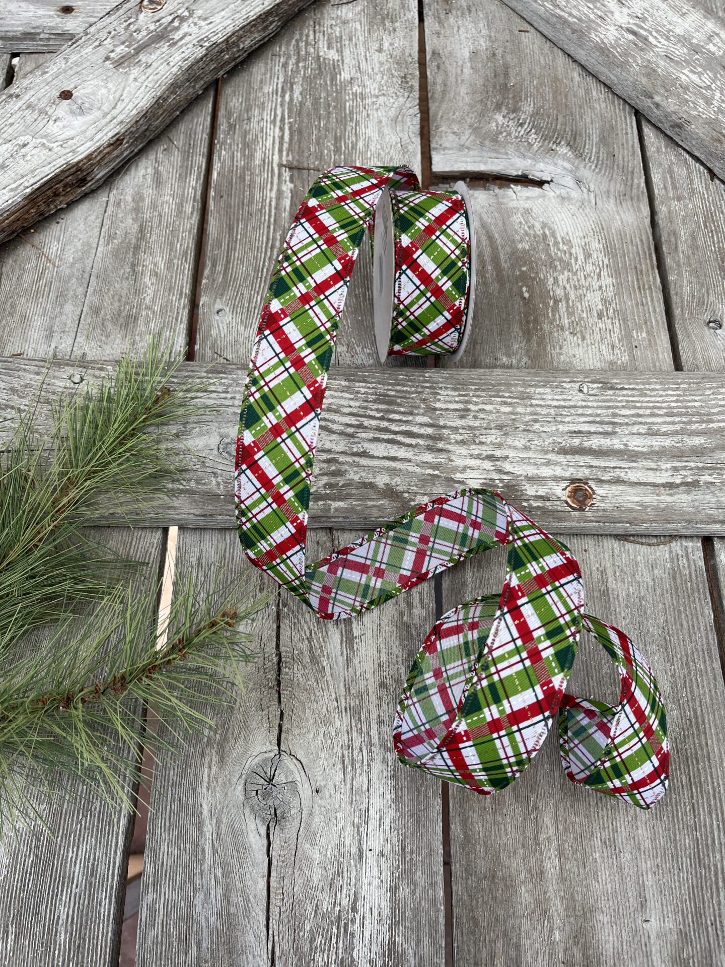 1.5" White Lime Moss Red Gold Plaid Ribbon on 10 YD Roll - Kelea's Florals