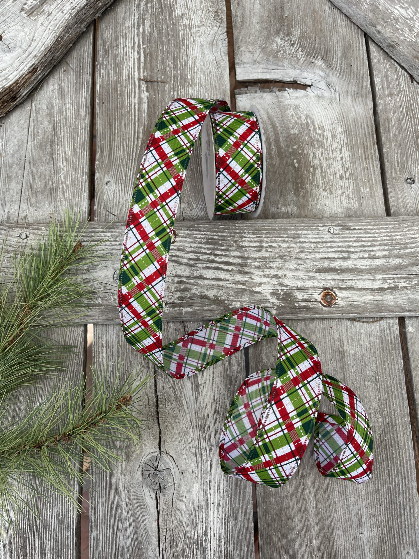 1.5" White Lime Moss Red Gold Plaid Ribbon on 10 YD Roll - Kelea's Florals