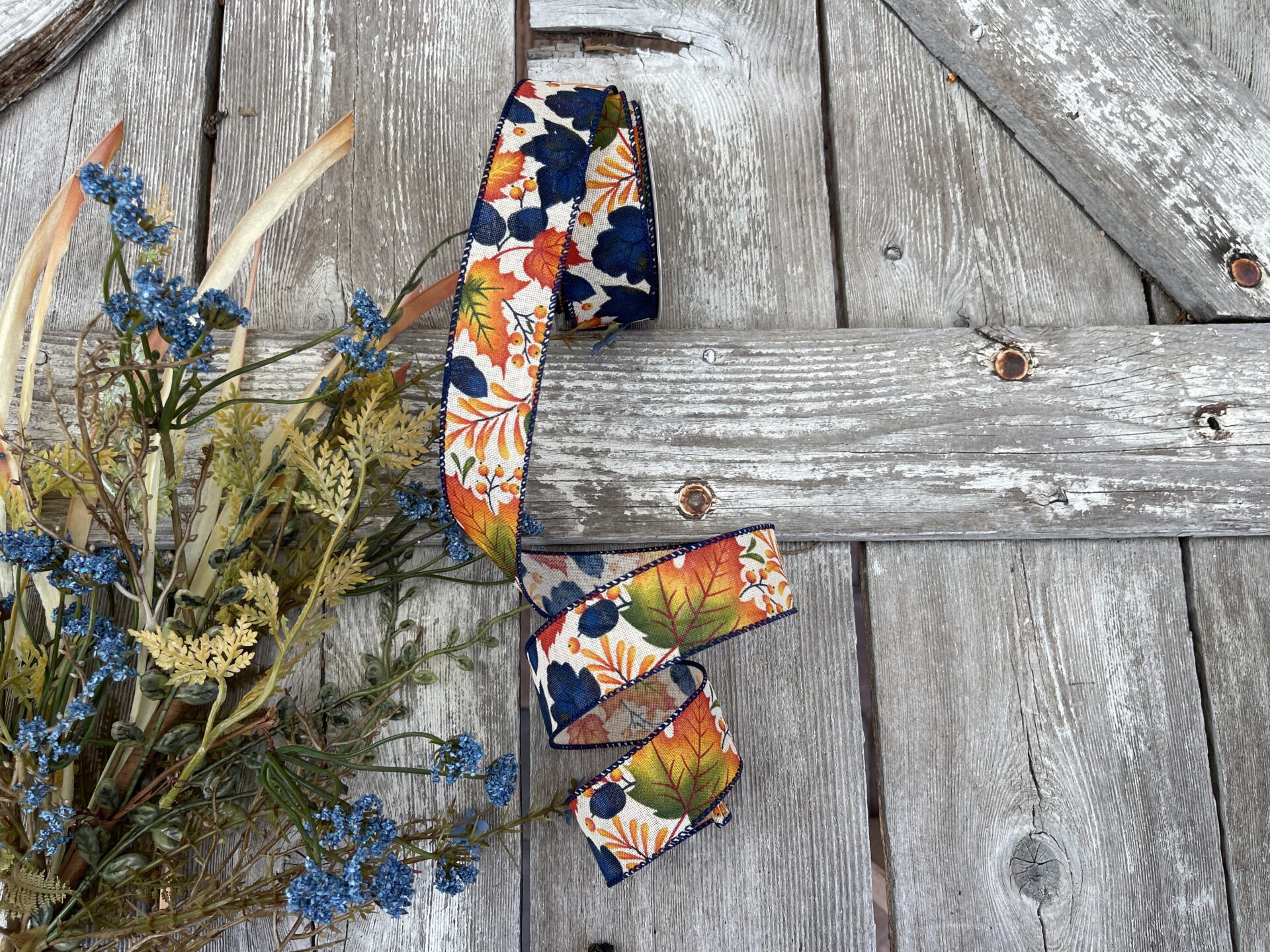 1.5" Fall Maple leaf and nut Ribbon on 10 YD Roll - Kelea's Florals