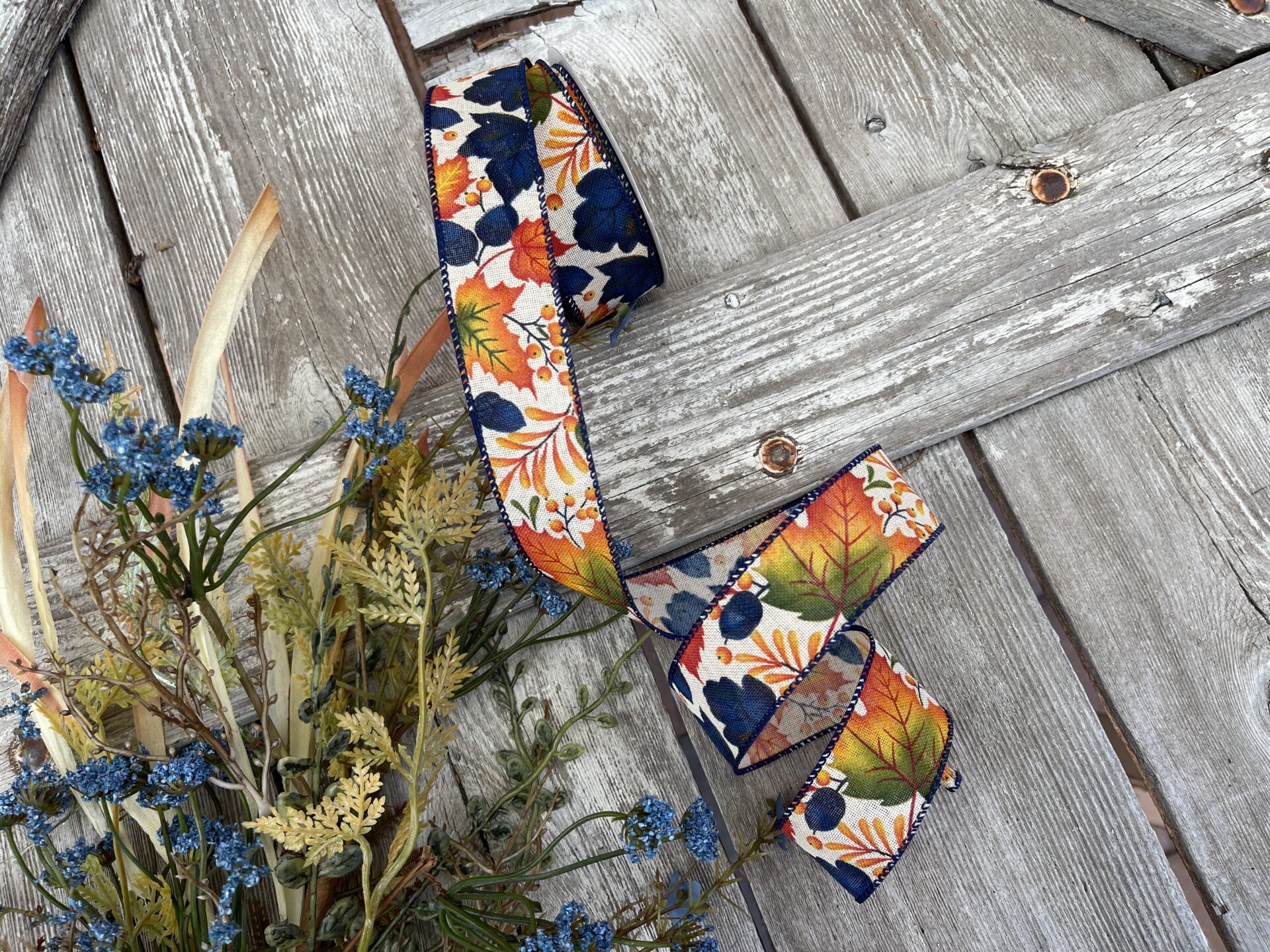 1.5" Fall Maple leaf and nut Ribbon on 10 YD Roll - Kelea's Florals