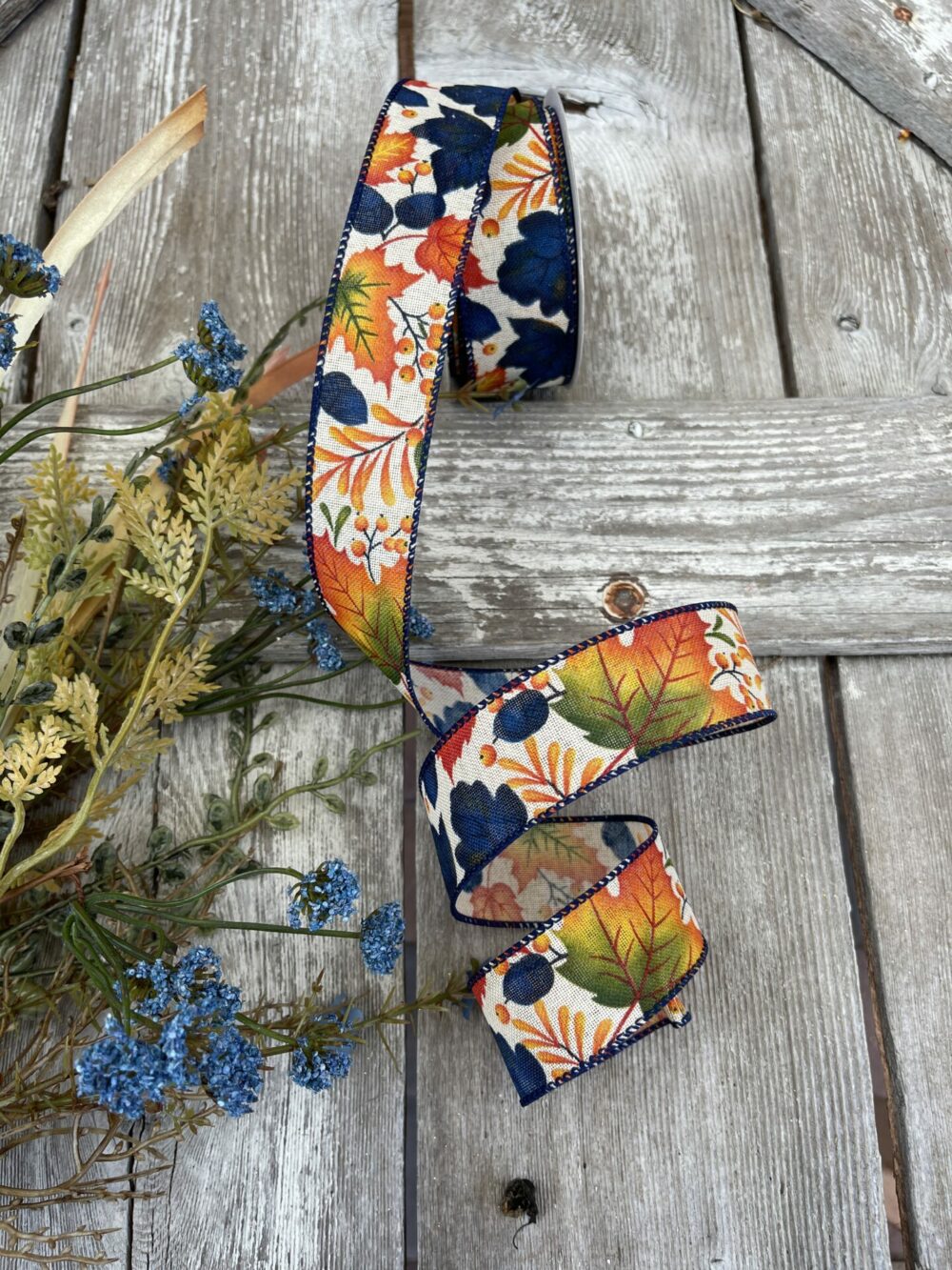 1.5" Fall Maple leaf and nut Ribbon on 10 YD Roll - Kelea's Florals